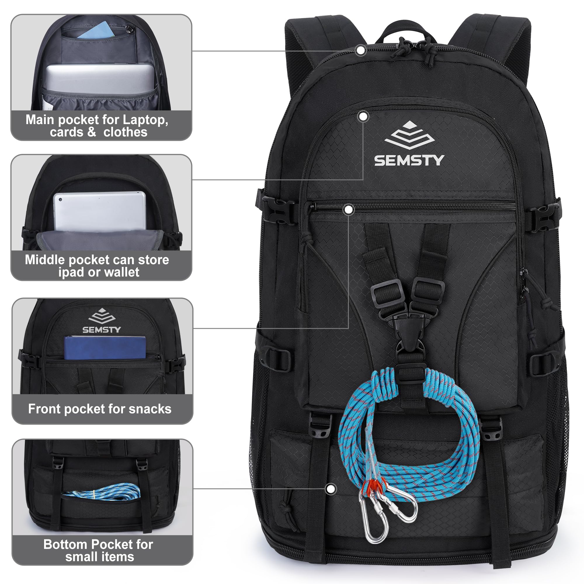 SEMSTY Hiking Backpack, 40L+10L Expandable Travel Backpack Flight Approved, Camping, Travel Backpack For Men and Women