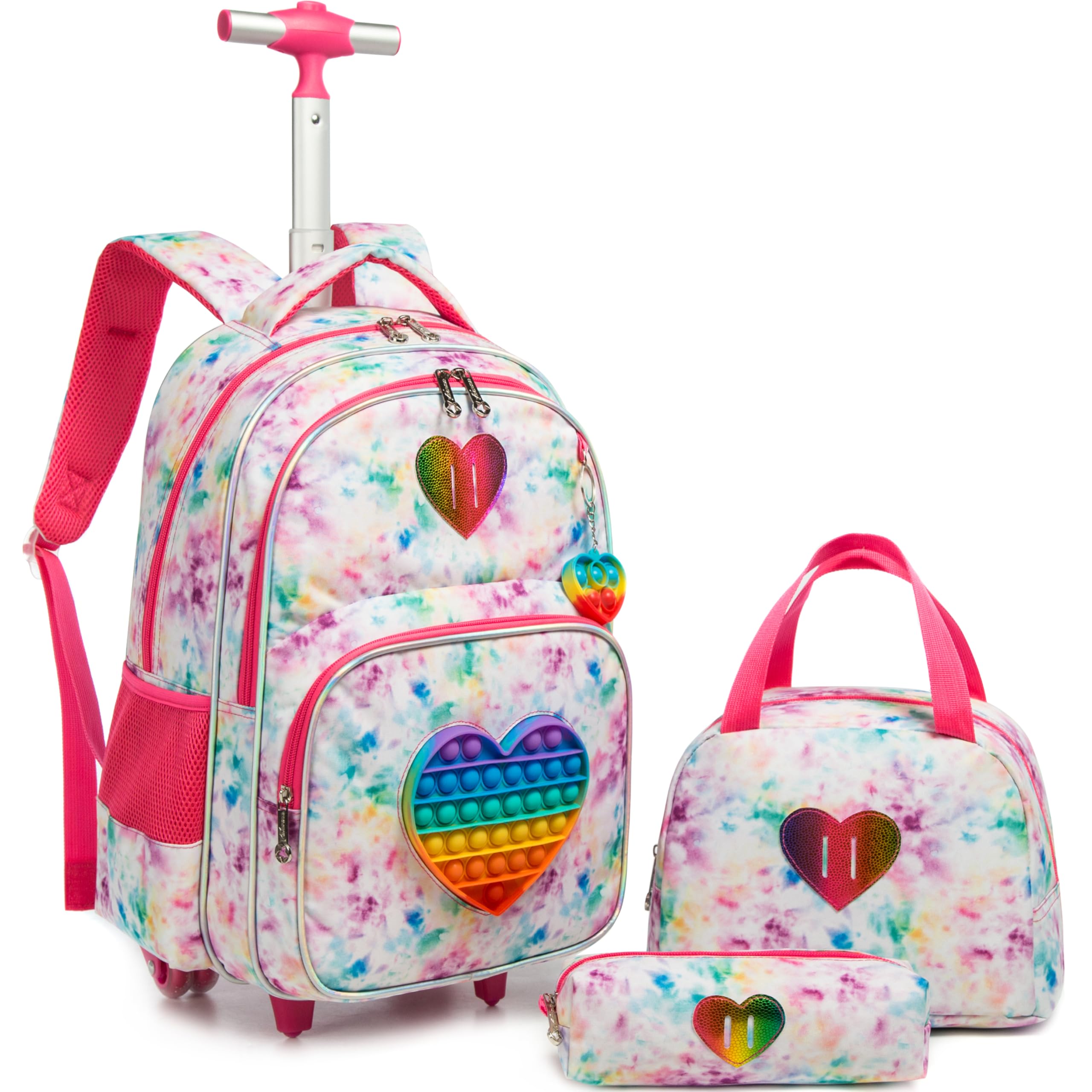 Meetbelify Rolling Backpack for Girls Wheels Backpacks for Elementary Student Kids Wheeled Trolley Trip Luggage for Teen Girls with Lunch Box Pencil Case