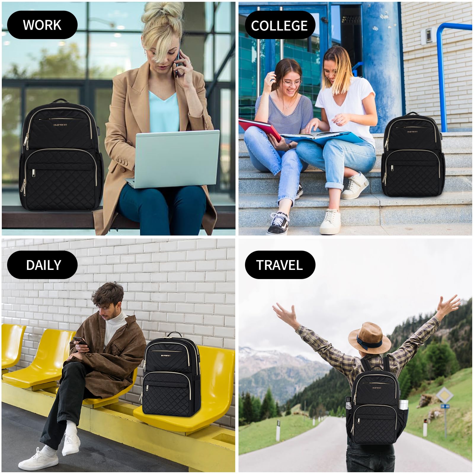 EMPSIGN 15.6 Inch Laptop Backpack Laptop Bag for Women Men, Business Work School Travel Backpack with USB Charging Port, Waterproof Backpack Purse for Women College Computer Book Bag, Black