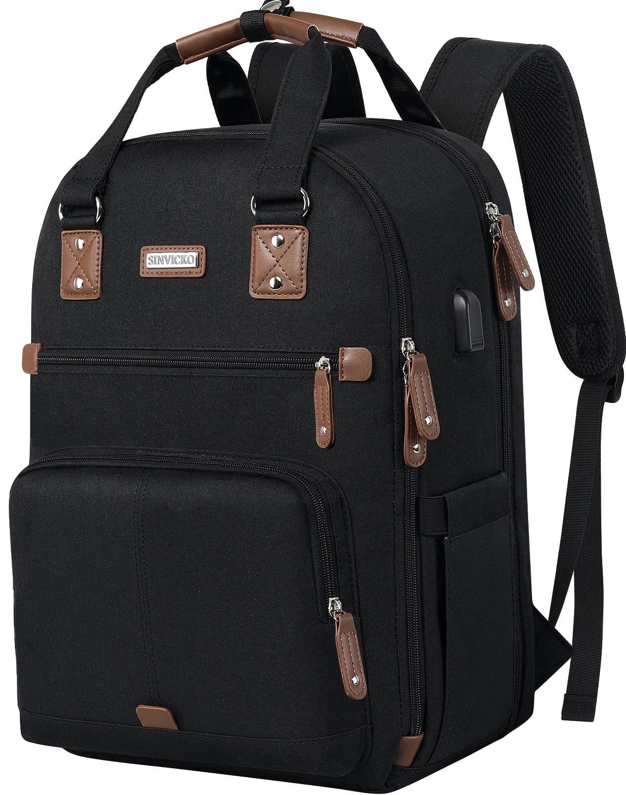 SINVICKO 15.6 Inch Laptop Backpack for Women Men Work Laptop Bag Large Capacity with USB Port,Waterproof Purse Backpacks Teacher Nurse TSA Travel Bags Casual Daypacks for School,College,Business,Black