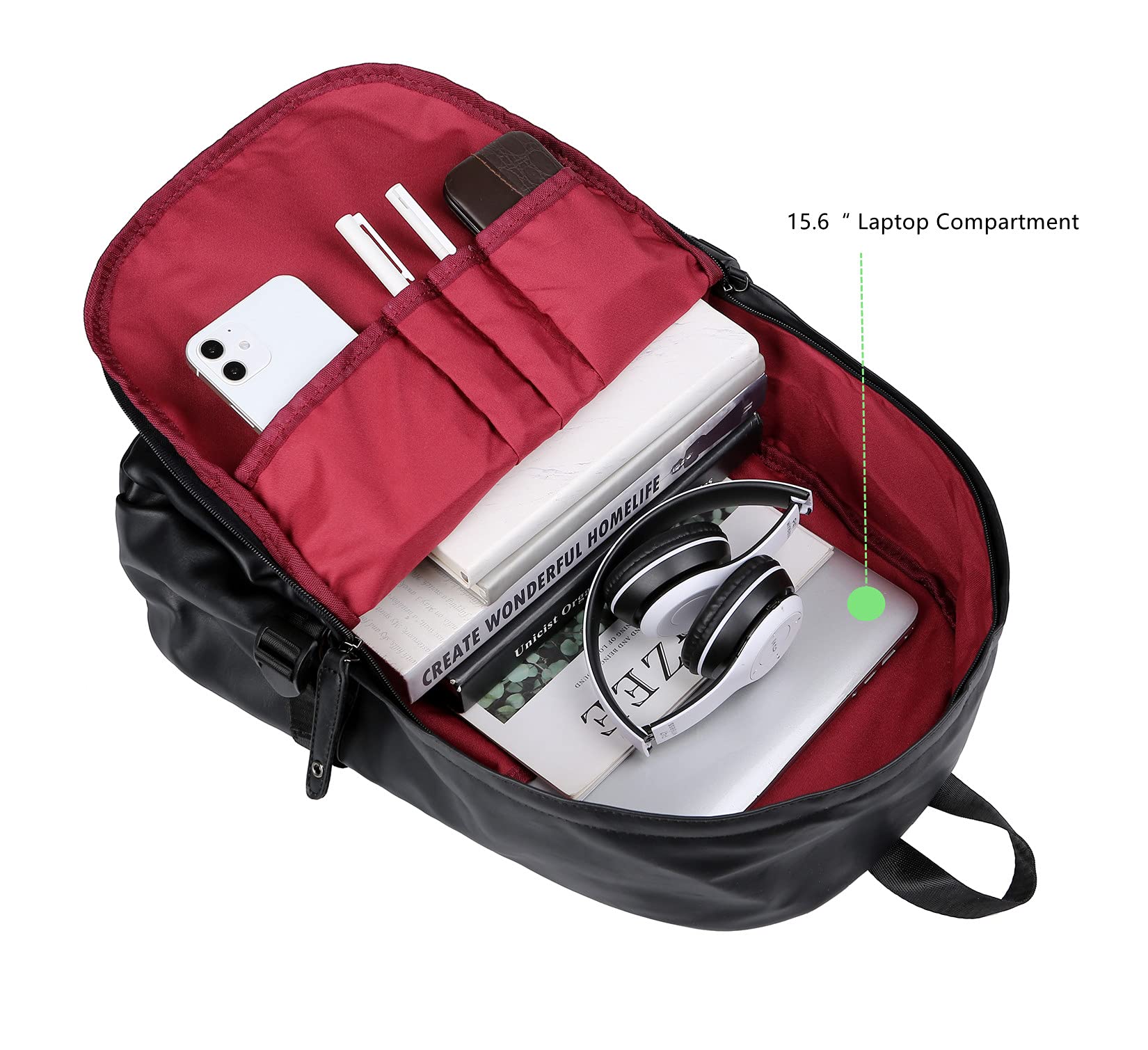 Baosha BP-08 Unisex PU Leather Computer Laptop Bag 15.6 inch College School Backpack Shoulder Bags Travel Hiking Rucksack Casual Daypack Black