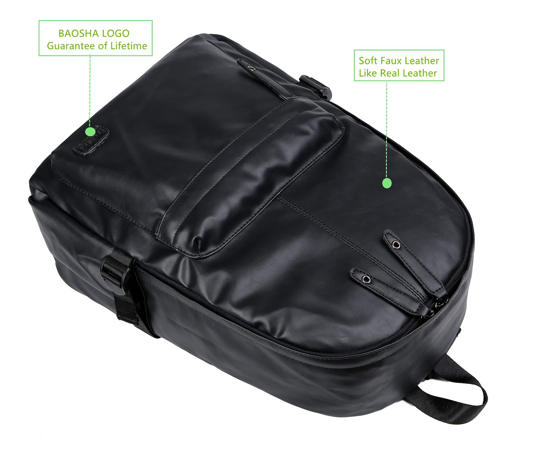 Baosha BP-08 Unisex PU Leather Computer Laptop Bag 15.6 inch College School Backpack Shoulder Bags Travel Hiking Rucksack Casual Daypack Black