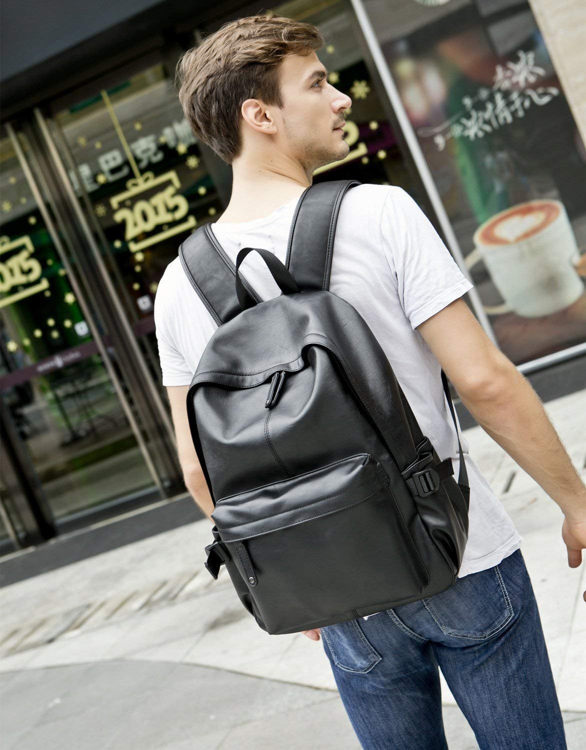 Baosha BP-08 Unisex PU Leather Computer Laptop Bag 15.6 inch College School Backpack Shoulder Bags Travel Hiking Rucksack Casual Daypack Black