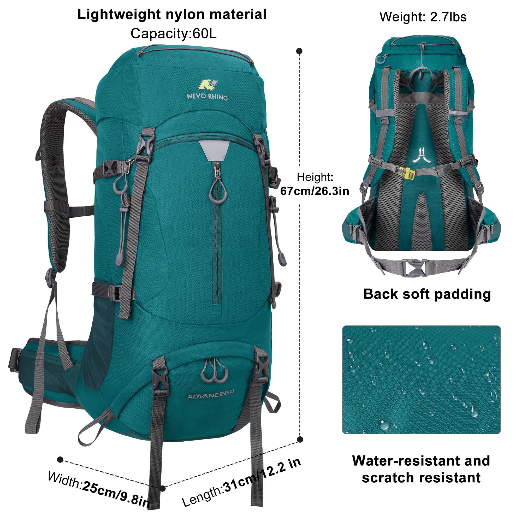 N NEVO RHINO Waterproof Hiking Backpack 60L, Camping Backpack with Rain Cover, High Performance Hiking Travel Mountaineering Backpack
