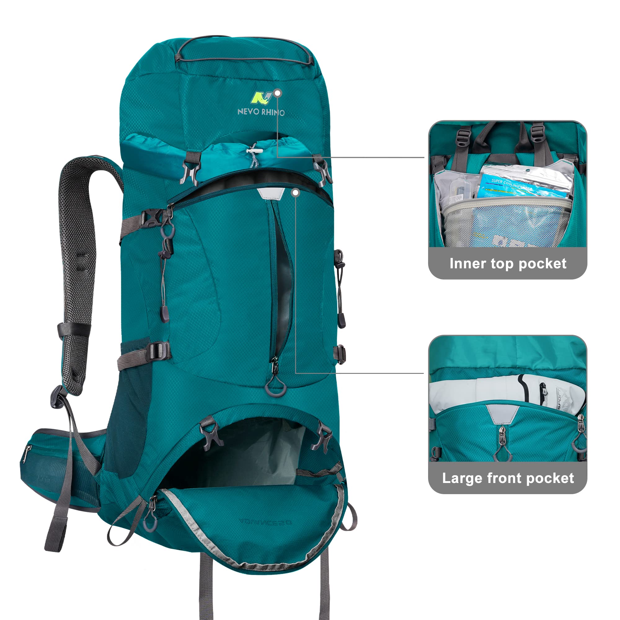 N NEVO RHINO Waterproof Hiking Backpack 60L, Camping Backpack with Rain Cover, High Performance Hiking Travel Mountaineering Backpack