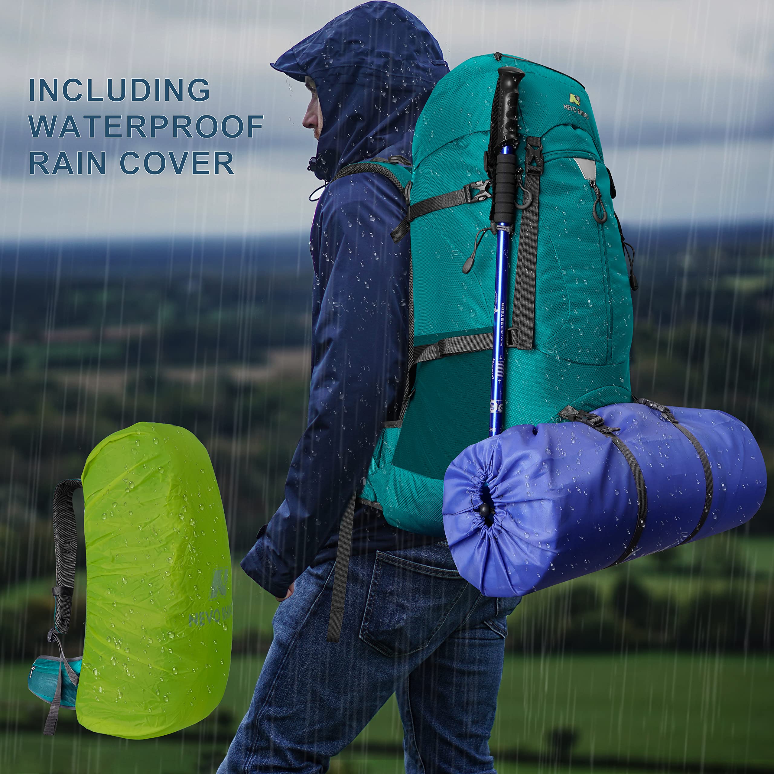 N NEVO RHINO Waterproof Hiking Backpack 60L, Camping Backpack with Rain Cover, High Performance Hiking Travel Mountaineering Backpack