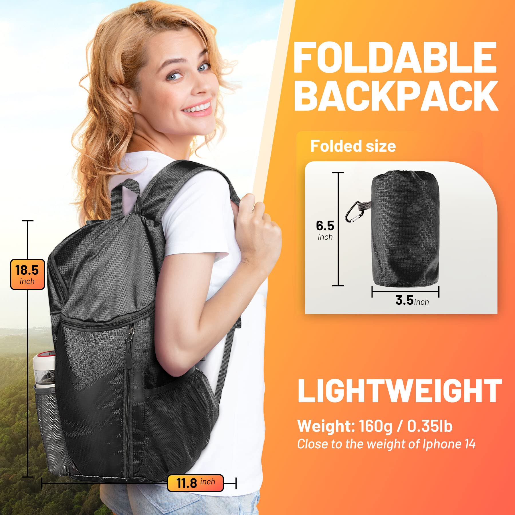 WRTEE Hiking Daypack,Water Proof Lightweight Packable Backpack for Travel Camping Outdoor Portable - Black