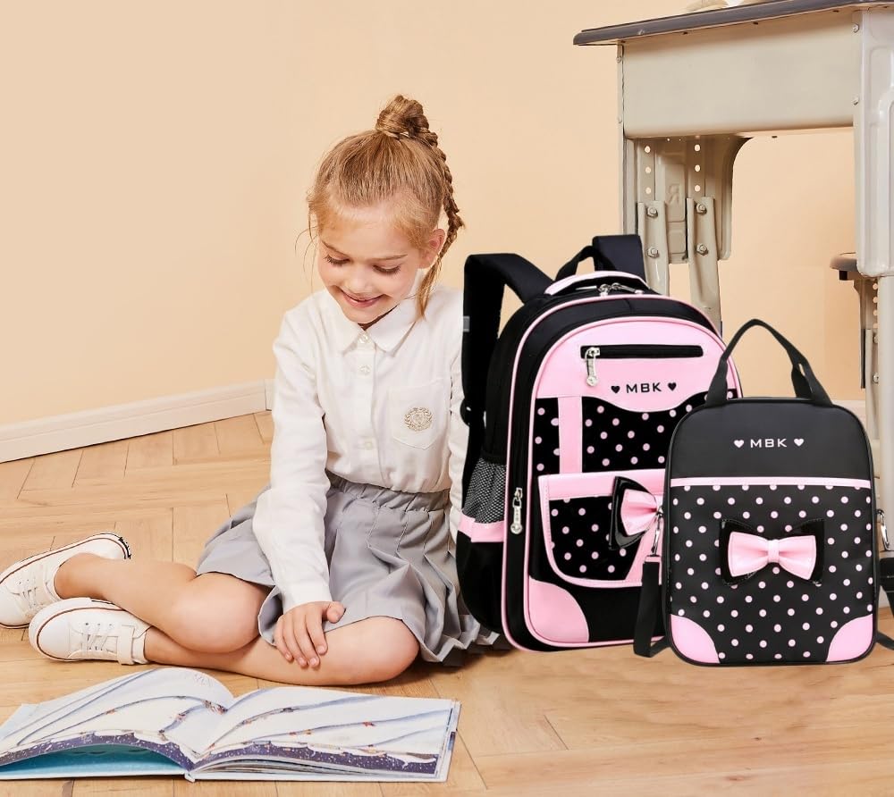 2Pcs Bowknot Wave Point Prints Primary School Bookbag Kids School Backpack Sets for Girls