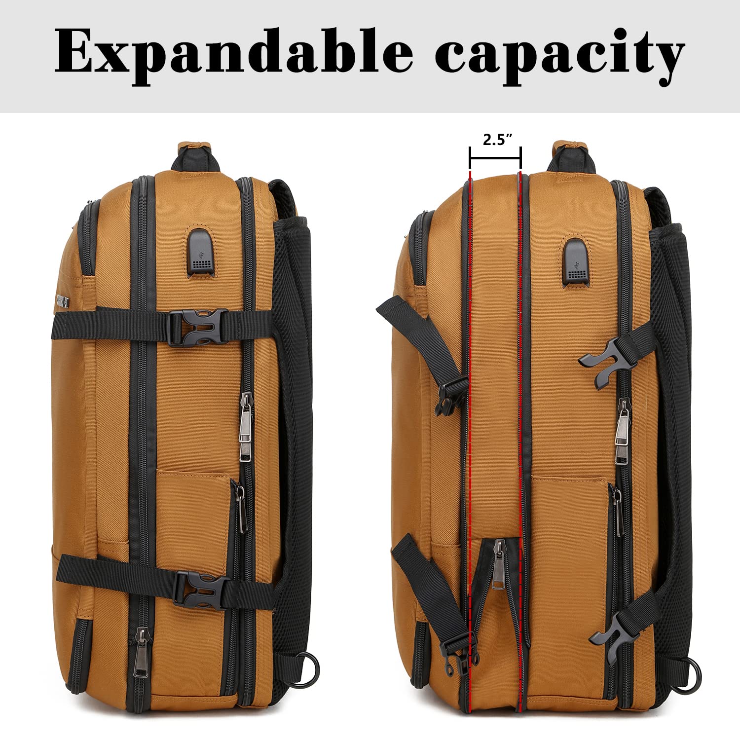 TUGUAN Travel Laptop Backpack 40L Large Computer Backpack with USB Charging Port 17 Inch Laptop Backpack for Men Expandable Backpacks for Men Women, Black- Suitable for Travel