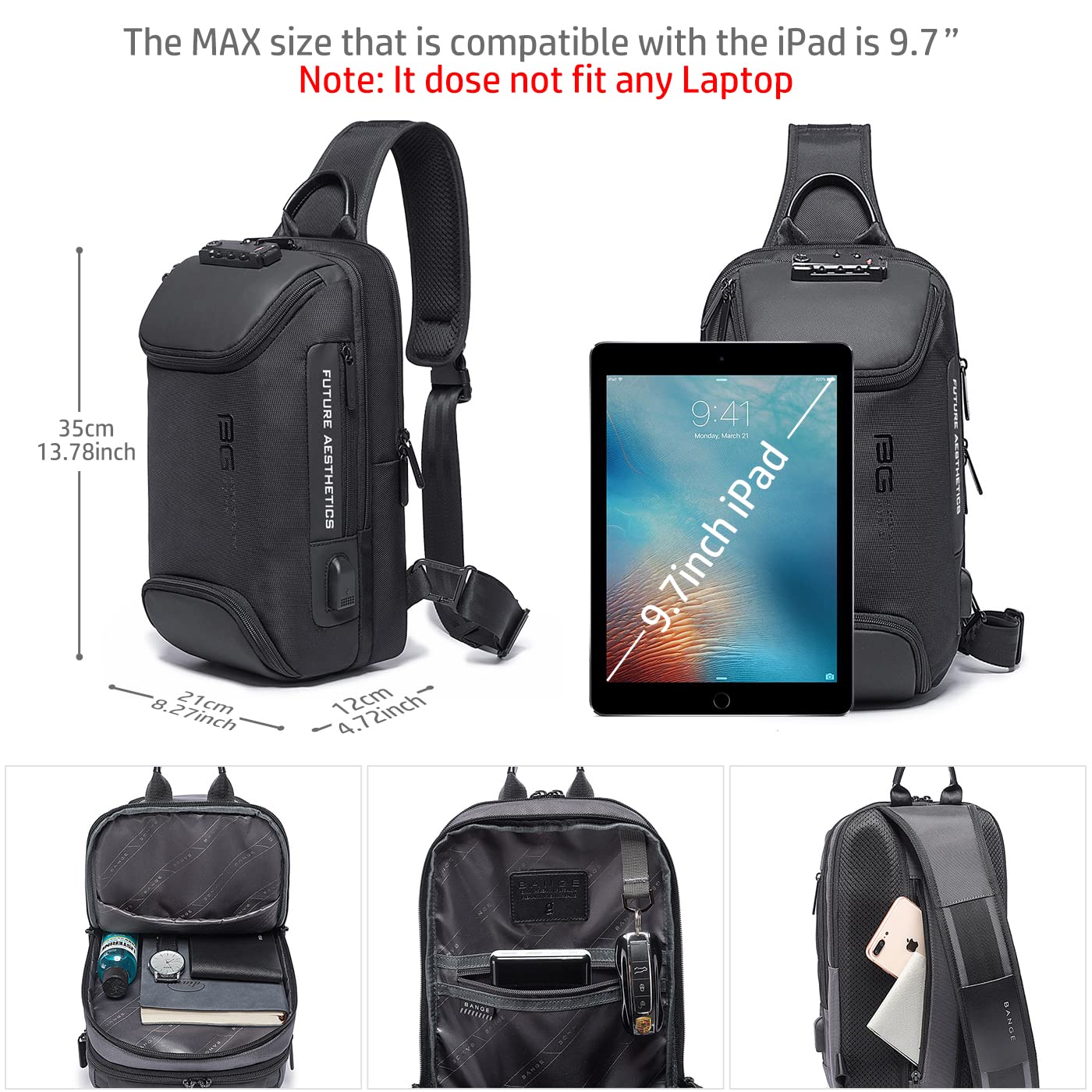 iubest Sling Bag for Men, Shoulder Bag Anti Theft Crossbody Backpack with USB Charging Port, Water Proof Casual Sling Backpack with TSA Lock for Hiking, Outdoor (Grey )