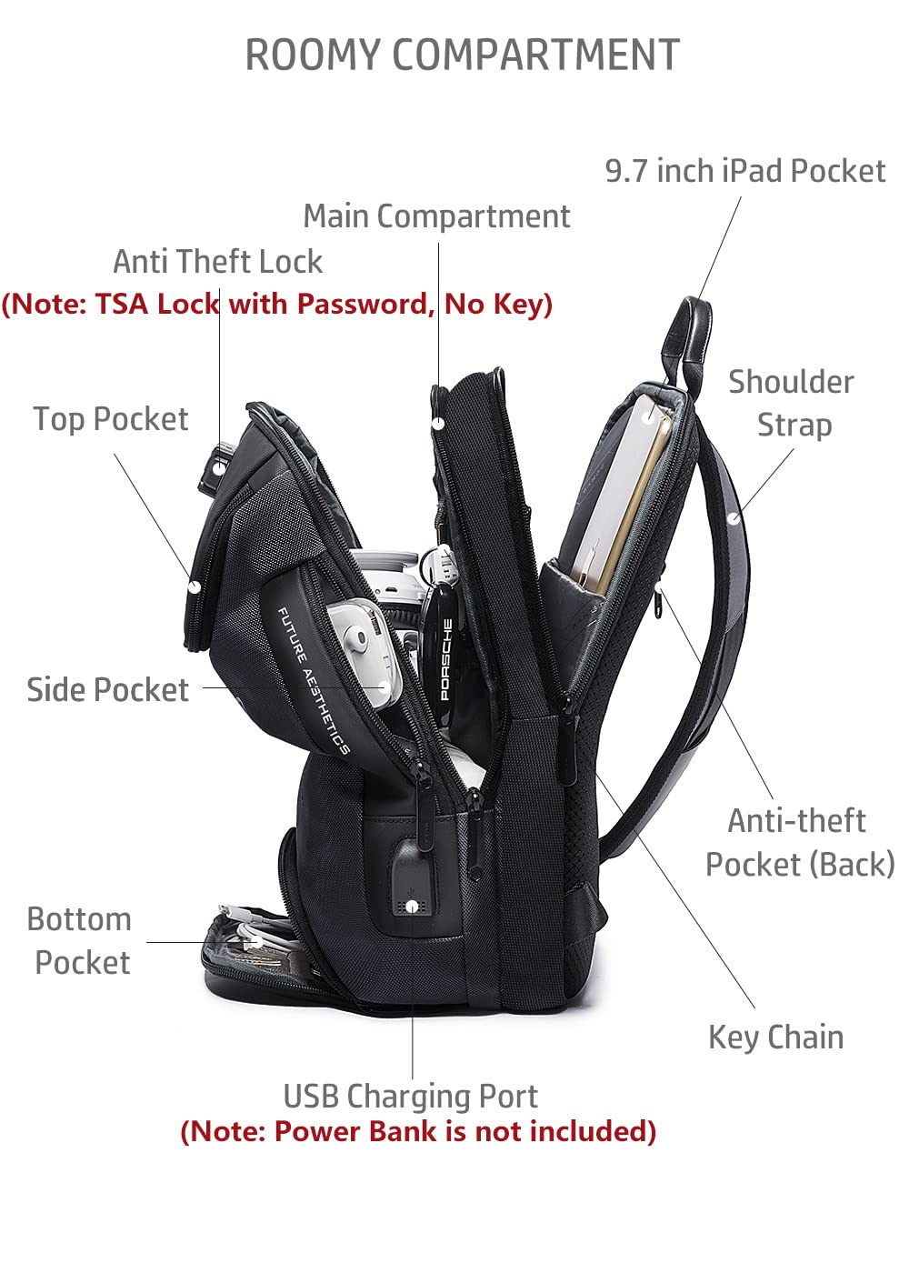 iubest Sling Bag for Men, Shoulder Bag Anti Theft Crossbody Backpack with USB Charging Port, Water Proof Casual Sling Backpack with TSA Lock for Hiking, Outdoor (Grey )