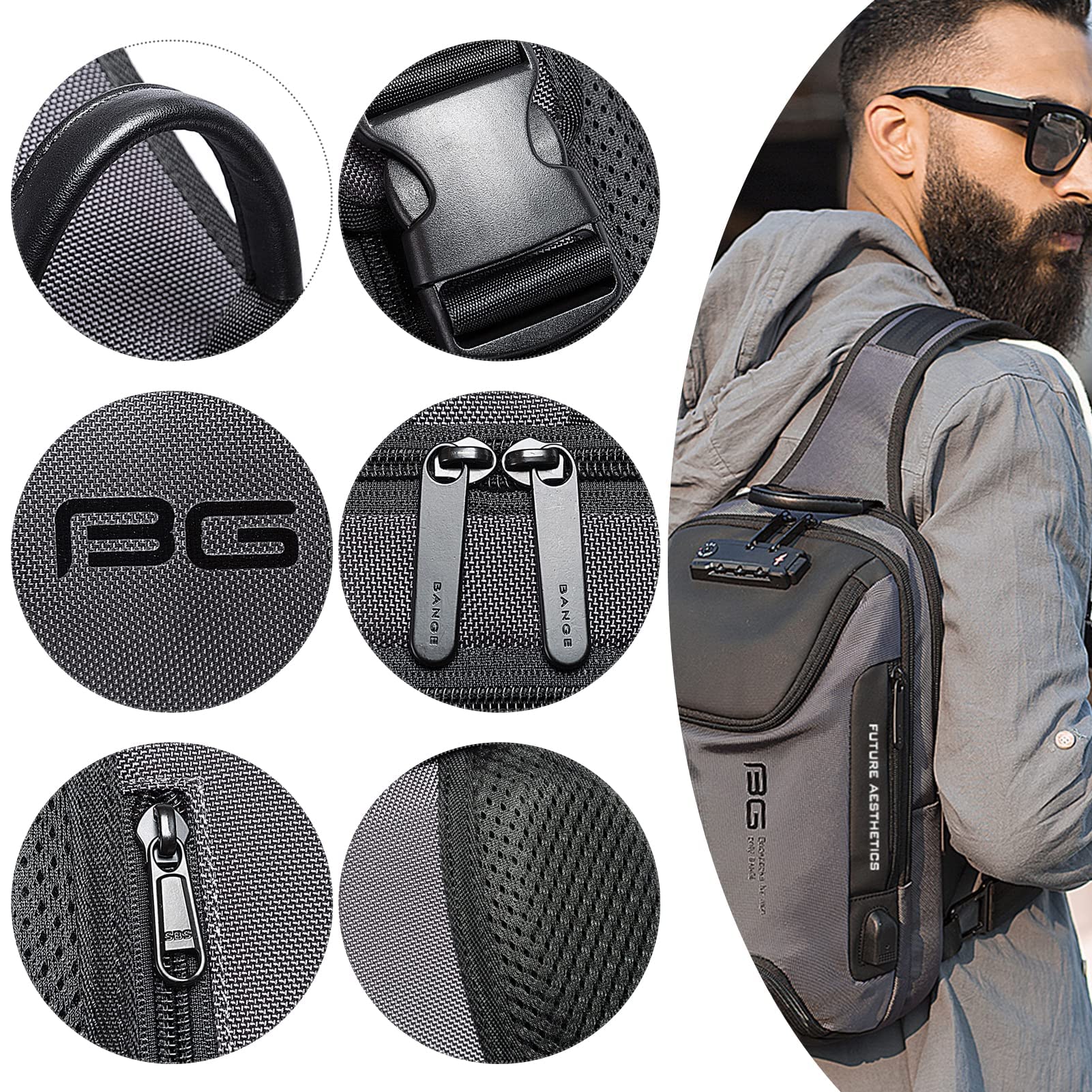 iubest Sling Bag for Men, Shoulder Bag Anti Theft Crossbody Backpack with USB Charging Port, Water Proof Casual Sling Backpack with TSA Lock for Hiking, Outdoor (Grey )