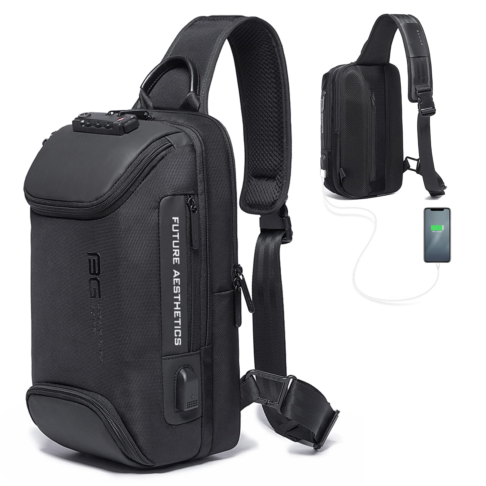 iubest Sling Bag for Men, Shoulder Bag Anti Theft Crossbody Backpack with USB Charging Port, Water Proof Casual Sling Backpack with TSA Lock for Hiking, Outdoor (Grey )