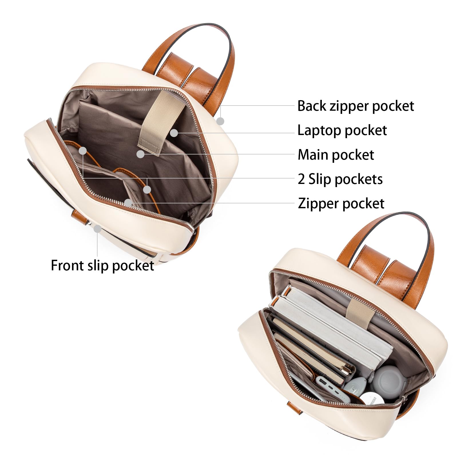 BOSTANTEN Leather Laptop Backpack for Women,15.6 inch Computer Backpack Purse College Daypack Work Travel Bag Beige-White