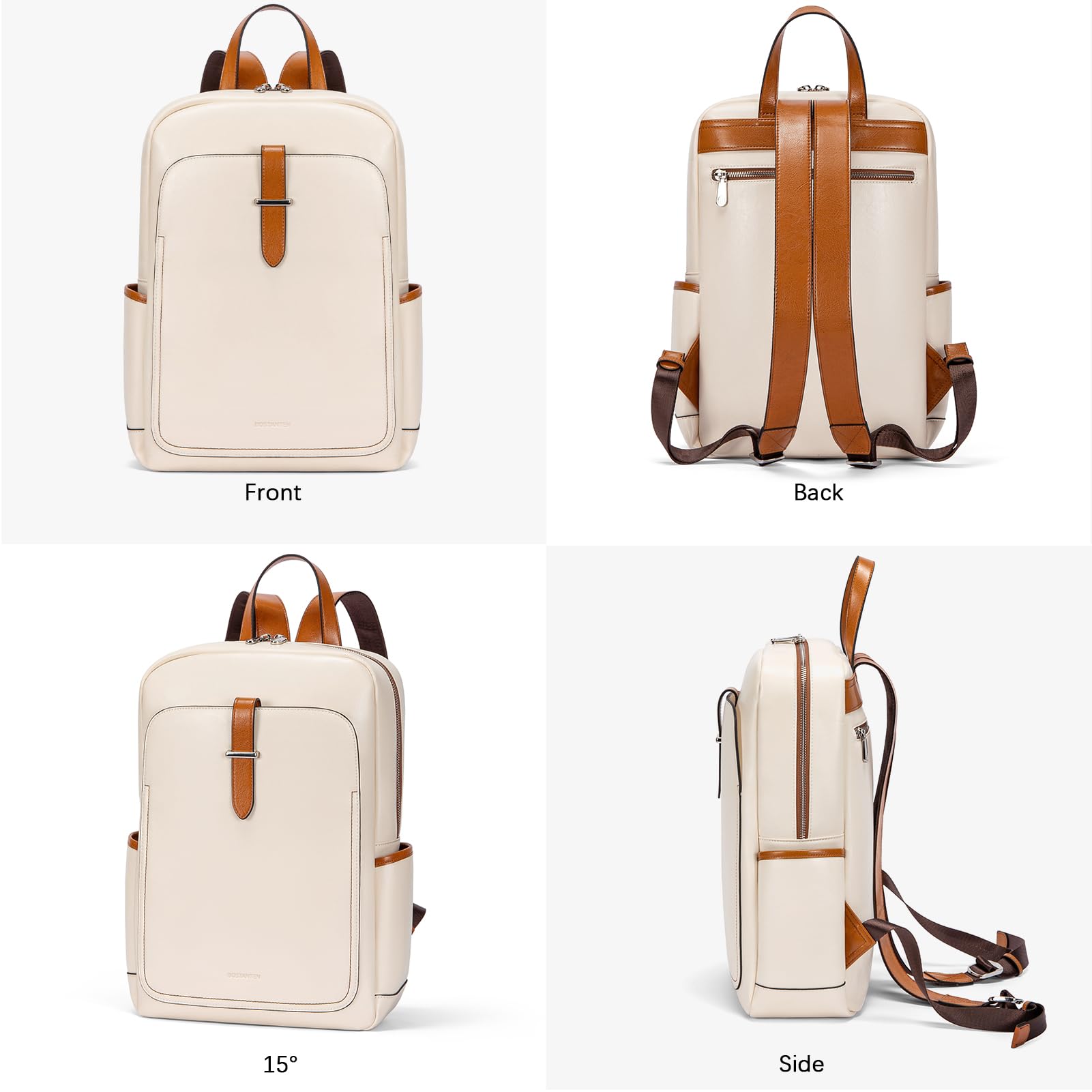 BOSTANTEN Leather Laptop Backpack for Women,15.6 inch Computer Backpack Purse College Daypack Work Travel Bag Beige-White