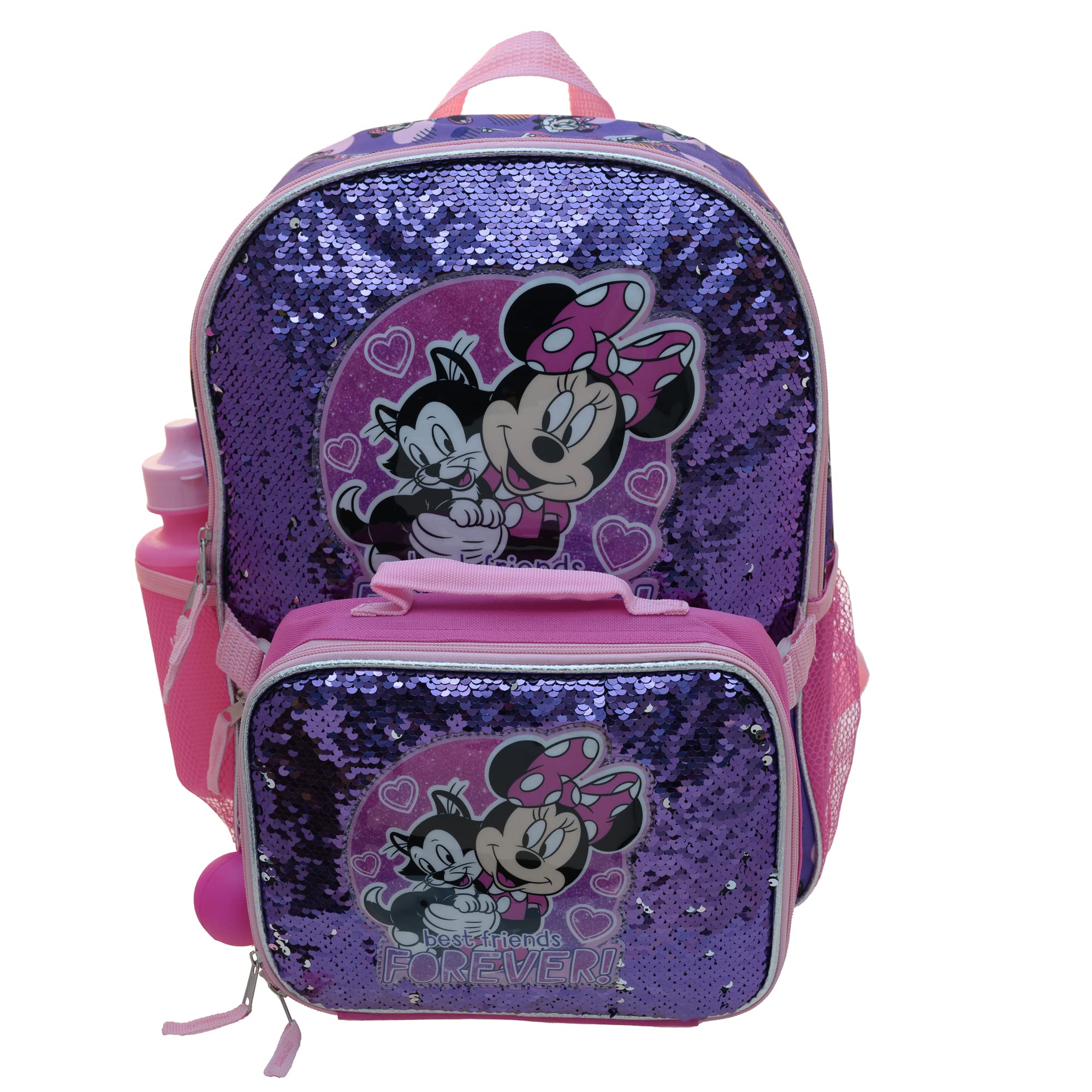 Disney Minnie Mouse Girls & Toddler 4 Piece Backpack Set, Flip Sequin School Bag with Front Zip & Side Mesh Side Pockets, Insulated Lunch Box, Water Bottle, and Squish Ball Dangle