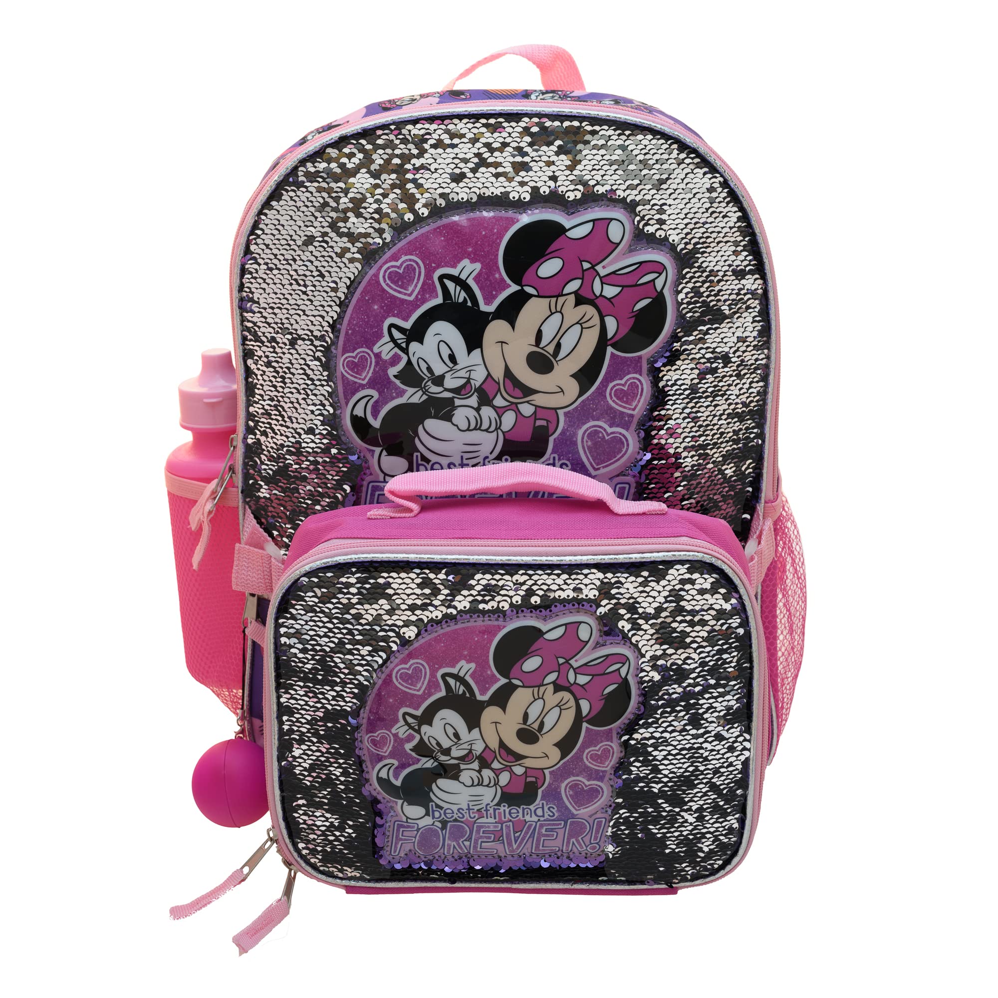 Disney Minnie Mouse Girls & Toddler 4 Piece Backpack Set, Flip Sequin School Bag with Front Zip & Side Mesh Side Pockets, Insulated Lunch Box, Water Bottle, and Squish Ball Dangle