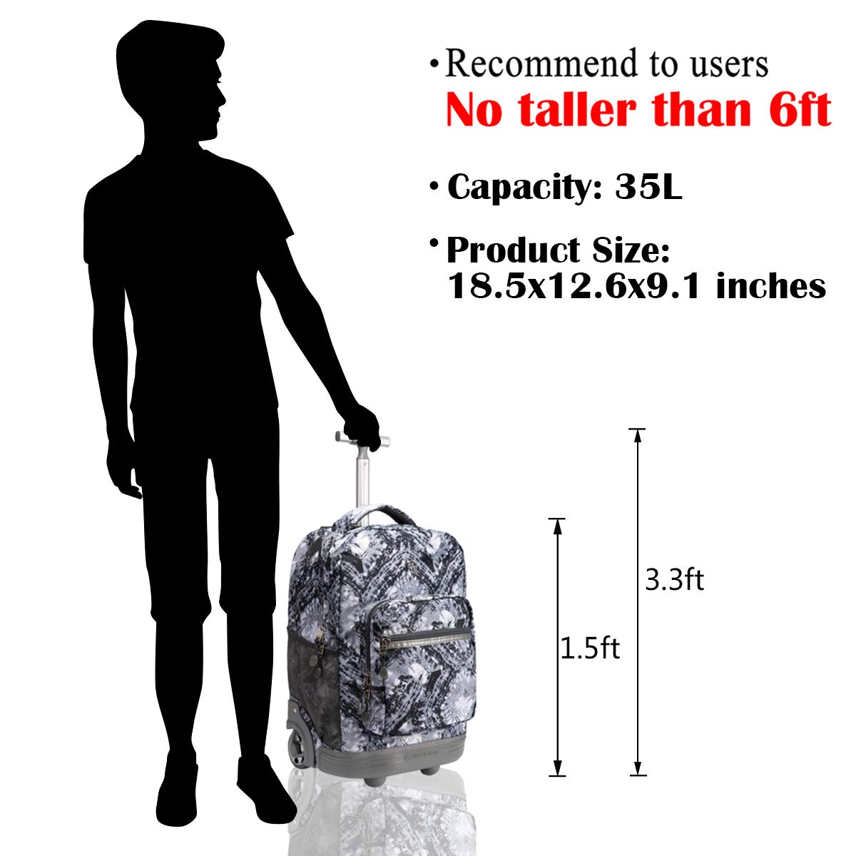 WEISHENGDA 18 inches Wheeled Rolling Backpack for Boys and Girls School Student Books Laptop Travel Trolley Bag, Gray