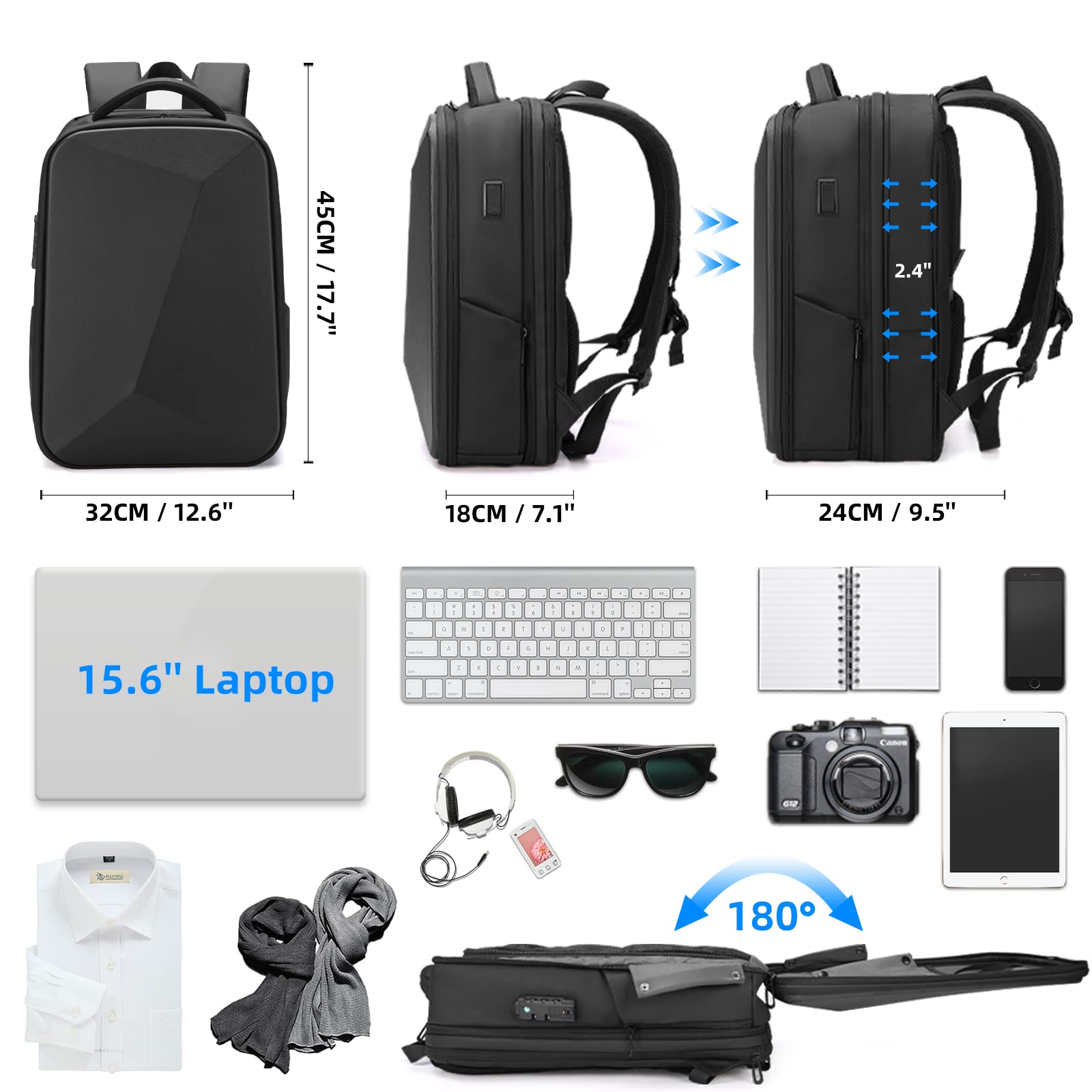 FENRUIEN Anti-Theft Hard Shell Backpack 15.6-Inch,Expandable Slim Business Travel Laptop Backpack for Men,Water-repellent Black Laptop Bag with USB Port