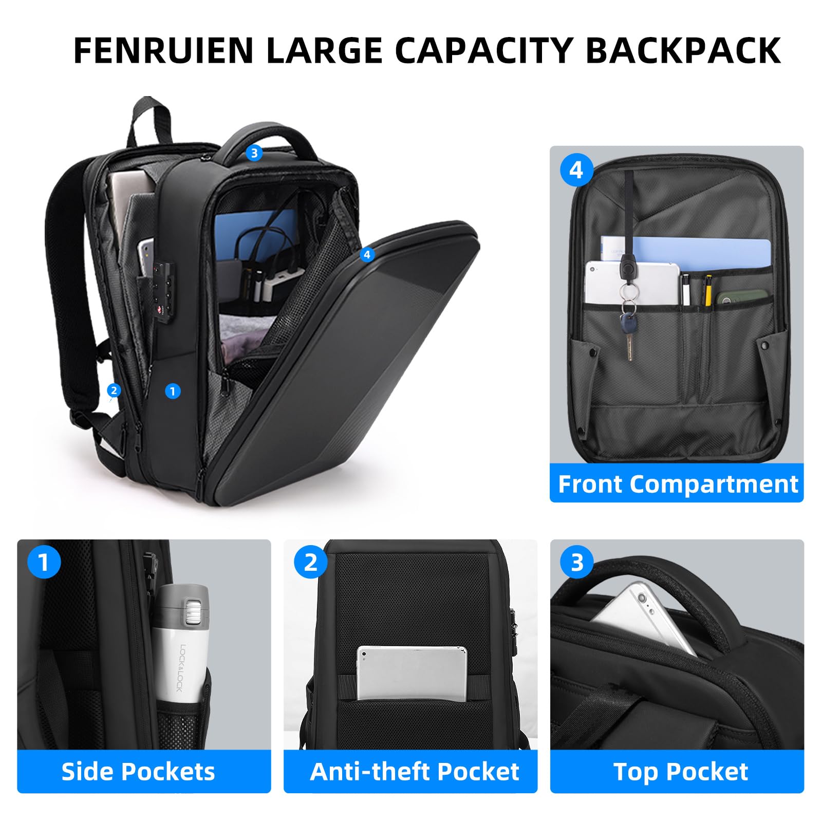 FENRUIEN Anti-Theft Hard Shell Backpack 15.6-Inch,Expandable Slim Business Travel Laptop Backpack for Men,Water-repellent Black Laptop Bag with USB Port
