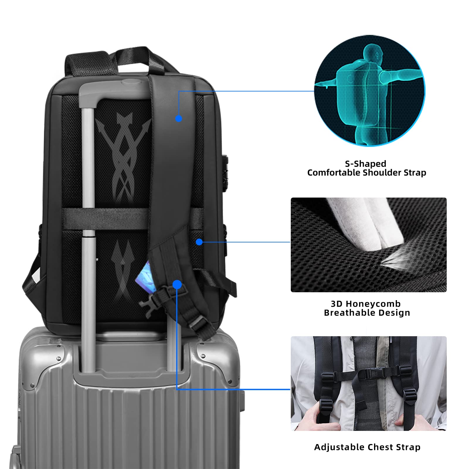 FENRUIEN Anti-Theft Hard Shell Backpack 15.6-Inch,Expandable Slim Business Travel Laptop Backpack for Men,Water-repellent Black Laptop Bag with USB Port