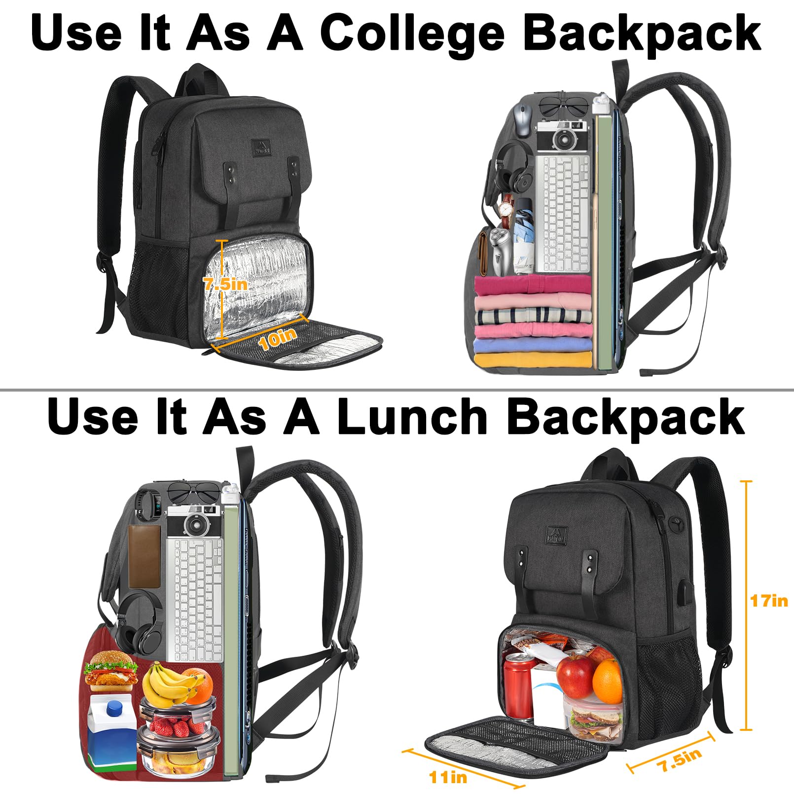 Lunch Backpack for Women, Insulated Cooler Work Laptop Backpacks with USB Charging Port, Waterproof Travel Computer Bag School Lunchbox Daypack College Bookbag Gift for Men Fits 15.6 Inch Notebook