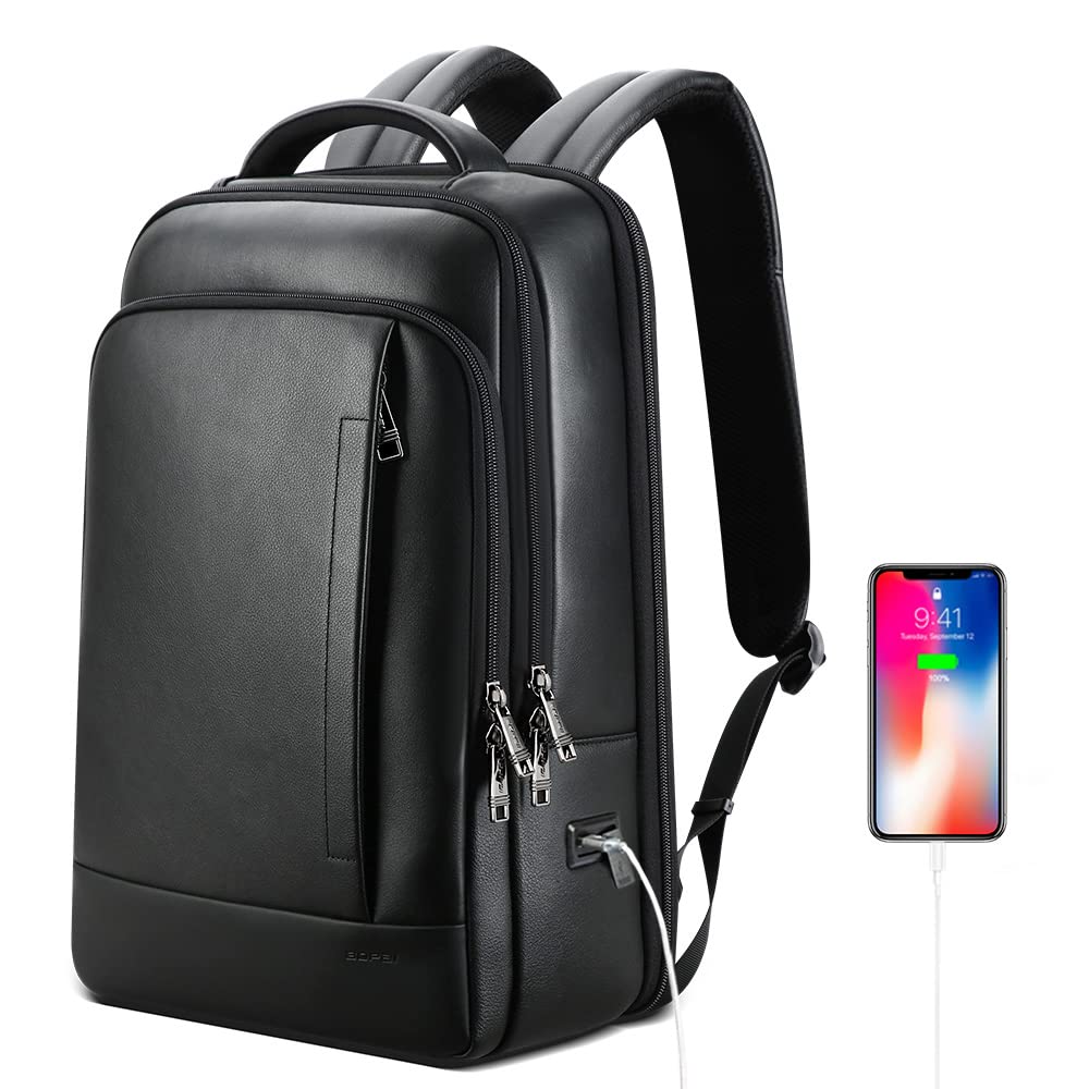 BOPAI Genuine Leather Backpack for Men Multi-Function Backpack 15.6 inch Business Laptop Backpack Travel Smart Rucksack with USB Charging Anti Theft Backpack Office Black