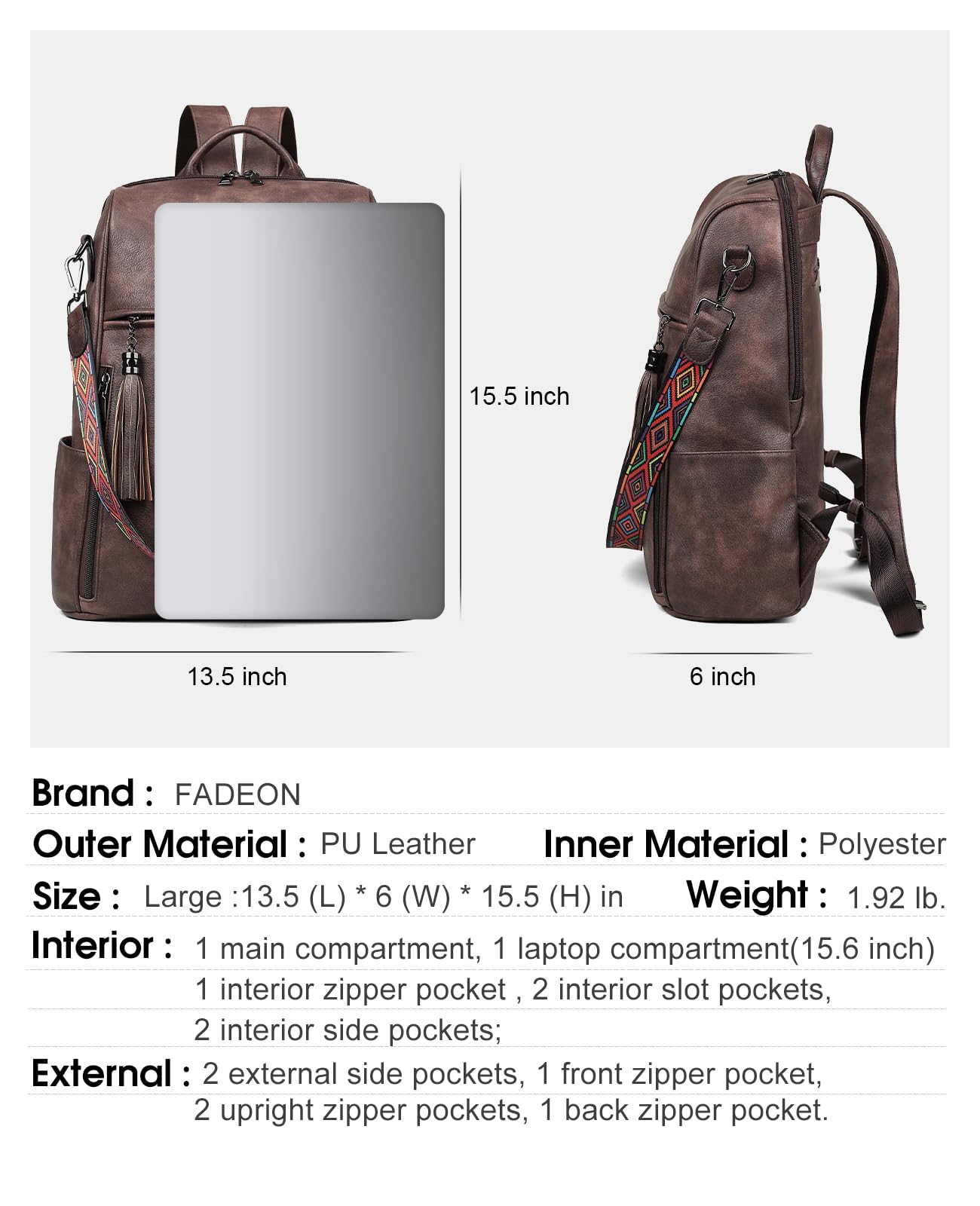 FADEON Laptop Backpack Purse for Women Large Designer PU Leather Laptop Bag, Ladies College Book Bag Shoulder Bags