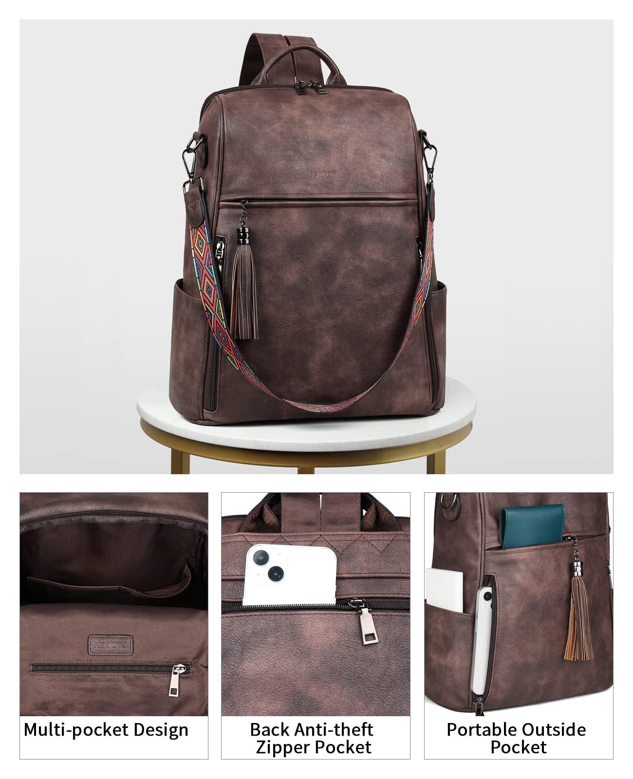 FADEON Laptop Backpack Purse for Women Large Designer PU Leather Laptop Bag, Ladies College Book Bag Shoulder Bags