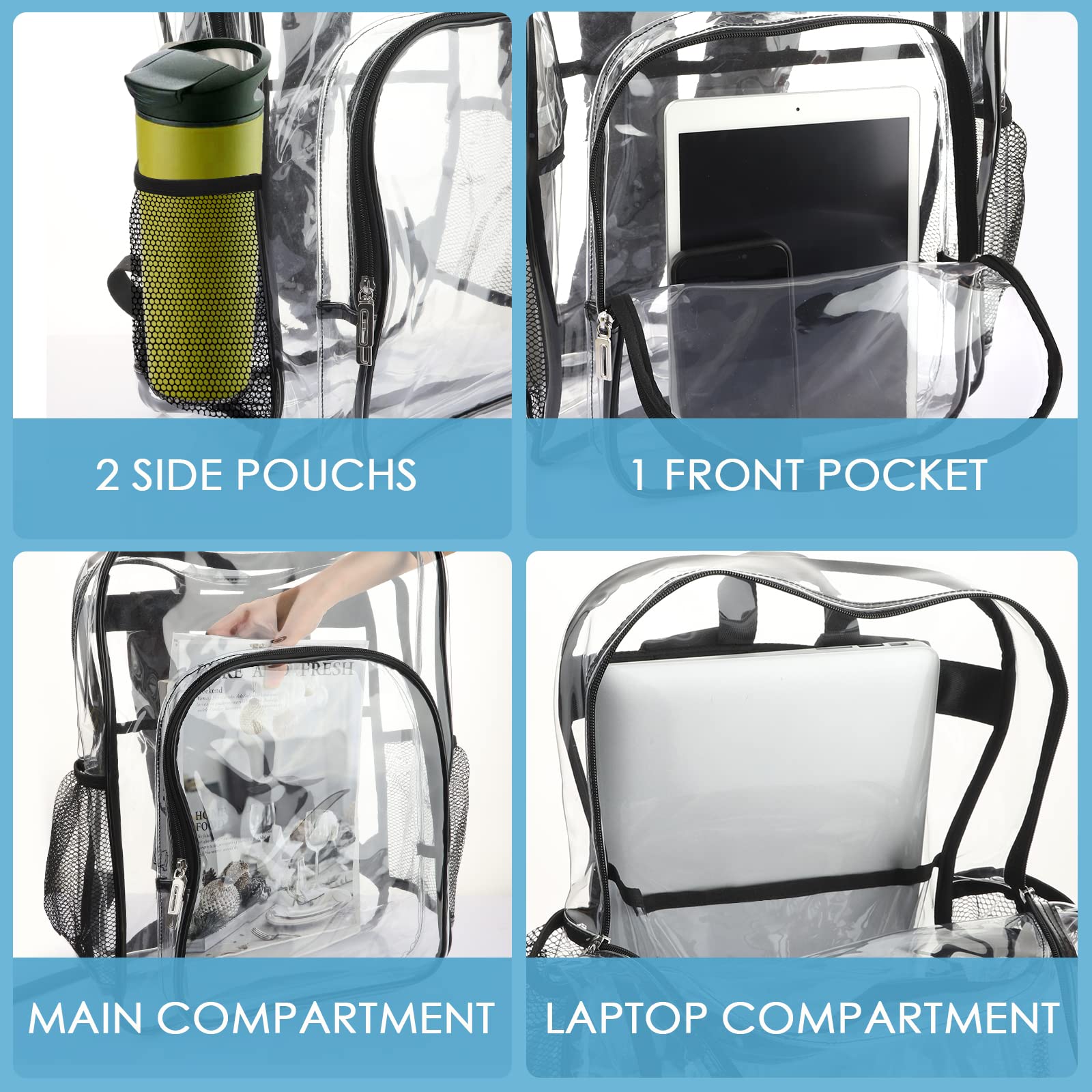 Nausear Clear Backpack Heavy Duty Large PVC Transparent Backpack See Through Backpack for School, Sports, Work, Stadium, Security, Travel, College - H18''xW14''xD8