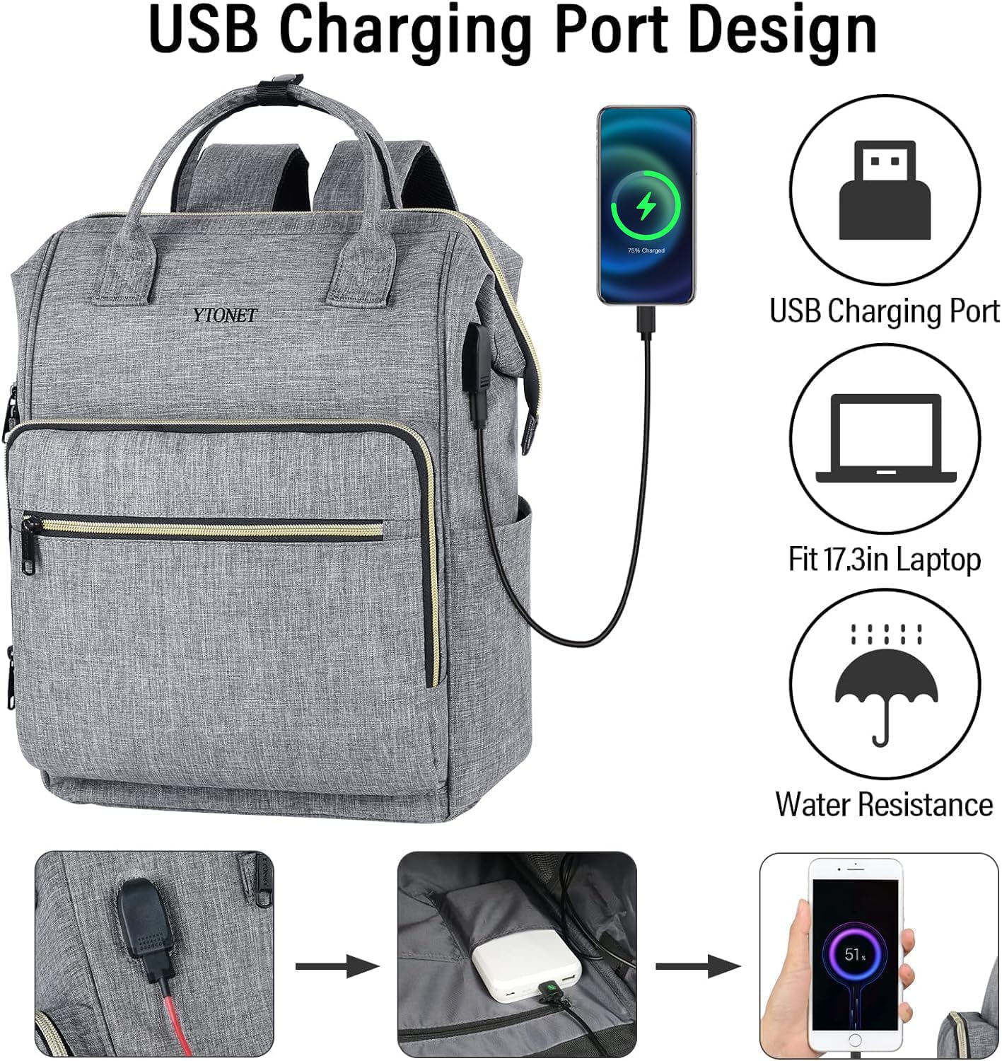 17 inch Laptop Backpack for Women, Extra Large 40L Travel Backpack With USB Charging Port Anti Theft Procket, Water Resistant Airline Approved Carry on Bag College Backpack Purse School Bookbag, Grey
