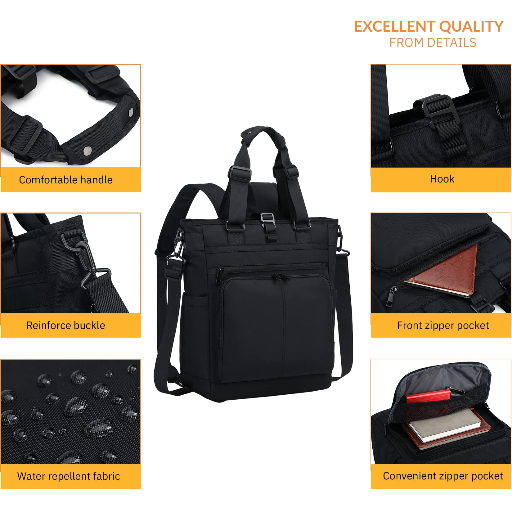 mygreen Laptop Backpack 15.6 Inch Stylish School Computer Backpack Messenger Tote Bag Water Repellent College Casual Daypack with Headphone Hole Travel Business Work Bag for Men Black