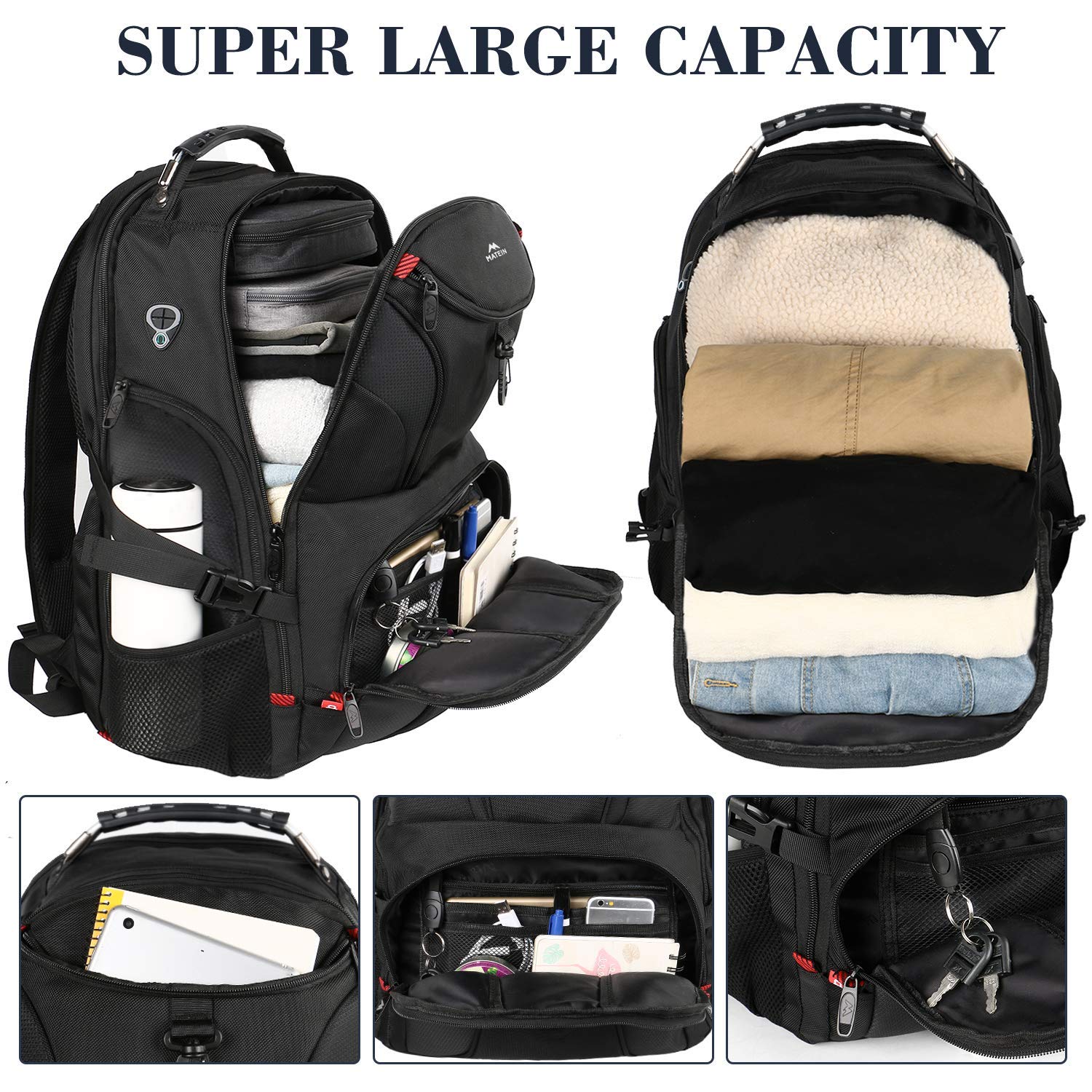 MATEIN Backpack for Men, Large Laptop Backpack with USB Port, Travel Backpacks for Women Student, Big College School Bookbag Water Resistant TSA Business Computer Bag Fit 17 Inch Notebook, Black