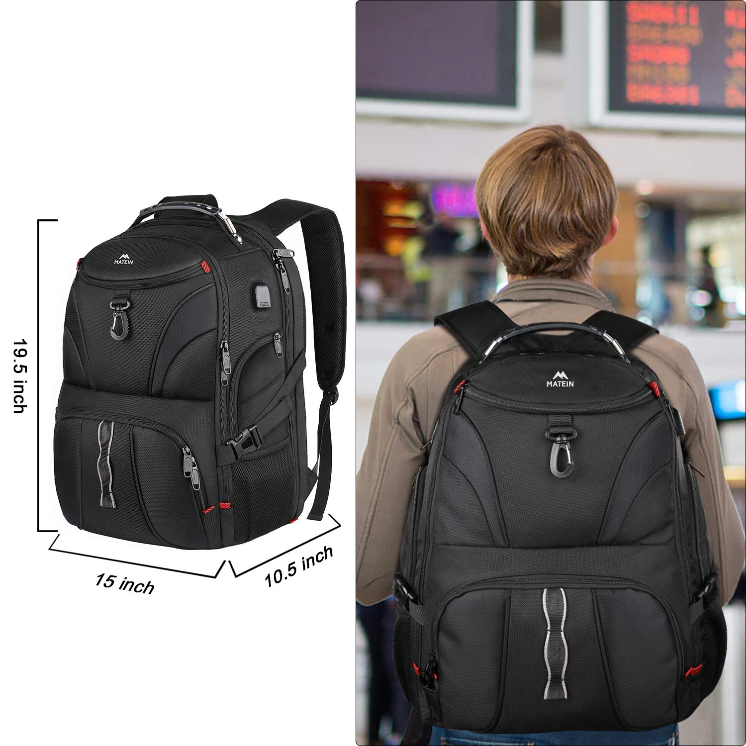 MATEIN Backpack for Men, Large Laptop Backpack with USB Port, Travel Backpacks for Women Student, Big College School Bookbag Water Resistant TSA Business Computer Bag Fit 17 Inch Notebook, Black