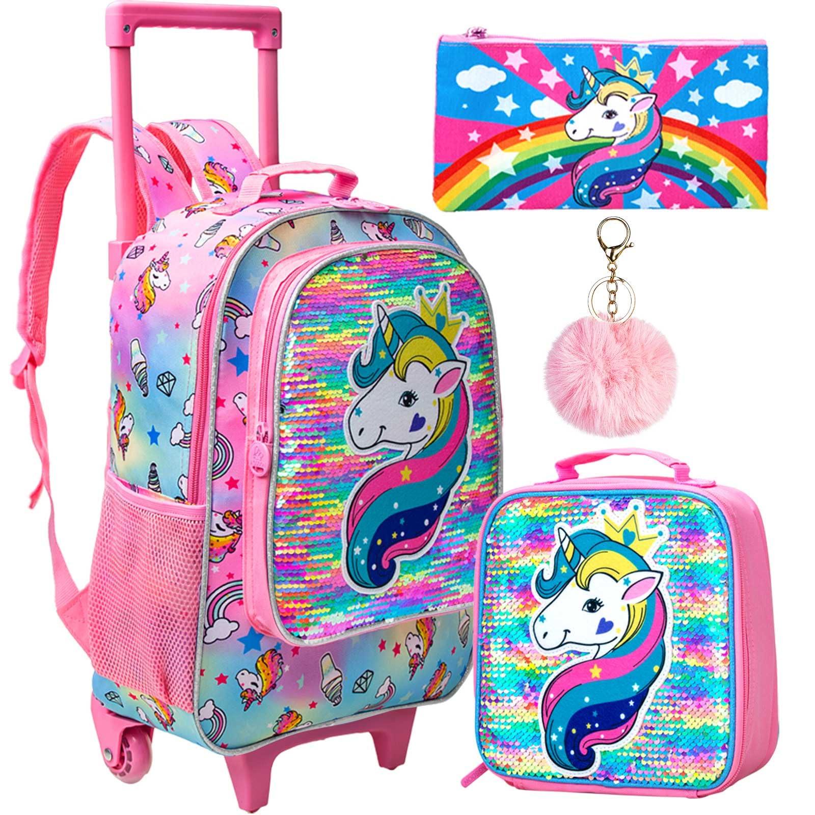 AGSDON 3PCS Rolling Backpack for Girls, Kids Roller Wheels Bookbag, Wheeled School Bag with Lunch Bag - Unicorn