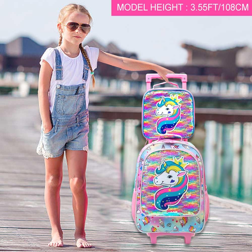 AGSDON 3PCS Rolling Backpack for Girls, Kids Roller Wheels Bookbag, Wheeled School Bag with Lunch Bag - Unicorn