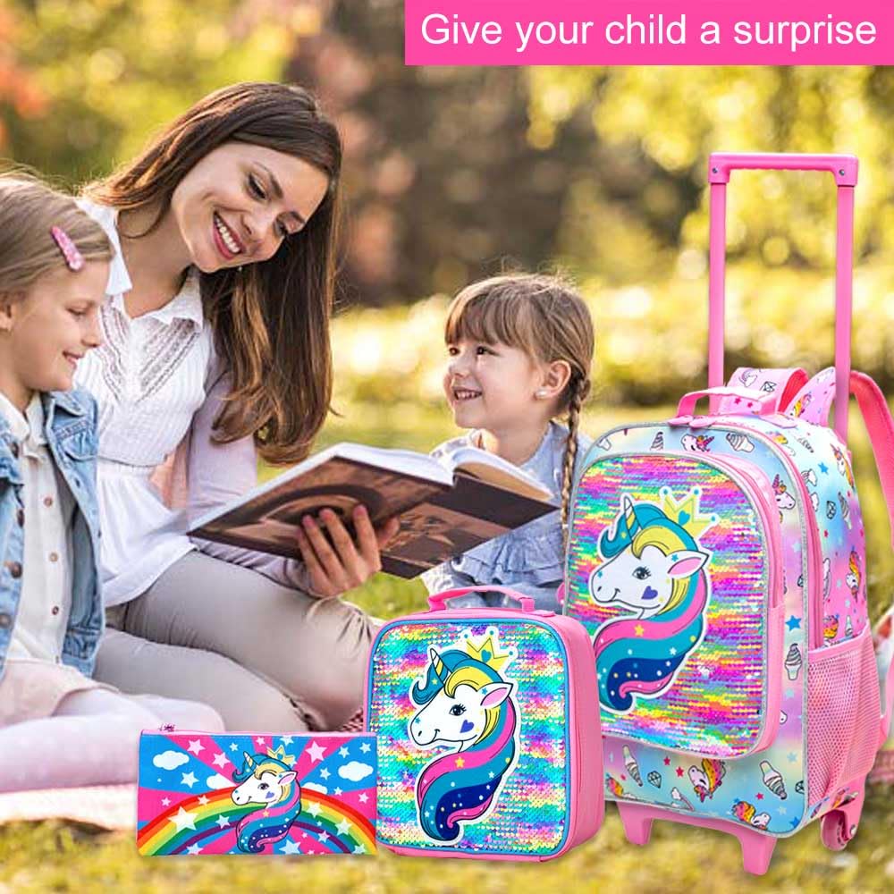 AGSDON 3PCS Rolling Backpack for Girls, Kids Roller Wheels Bookbag, Wheeled School Bag with Lunch Bag - Unicorn