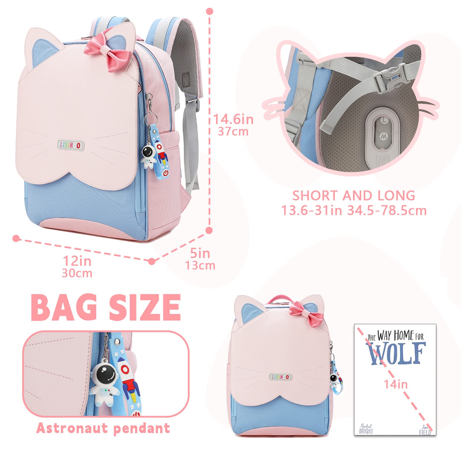 AUOBAG Kids Backpacks Girls Backpack Kitten Girl Bookbag Suitable for Elementary School (Blue)
