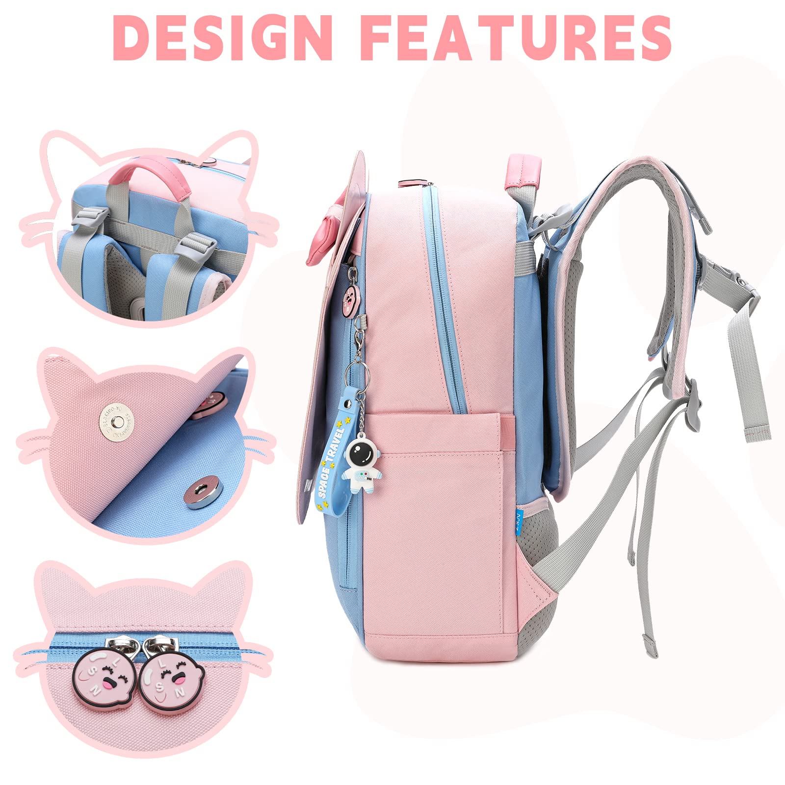 AUOBAG Kids Backpacks Girls Backpack Kitten Girl Bookbag Suitable for Elementary School (Blue)