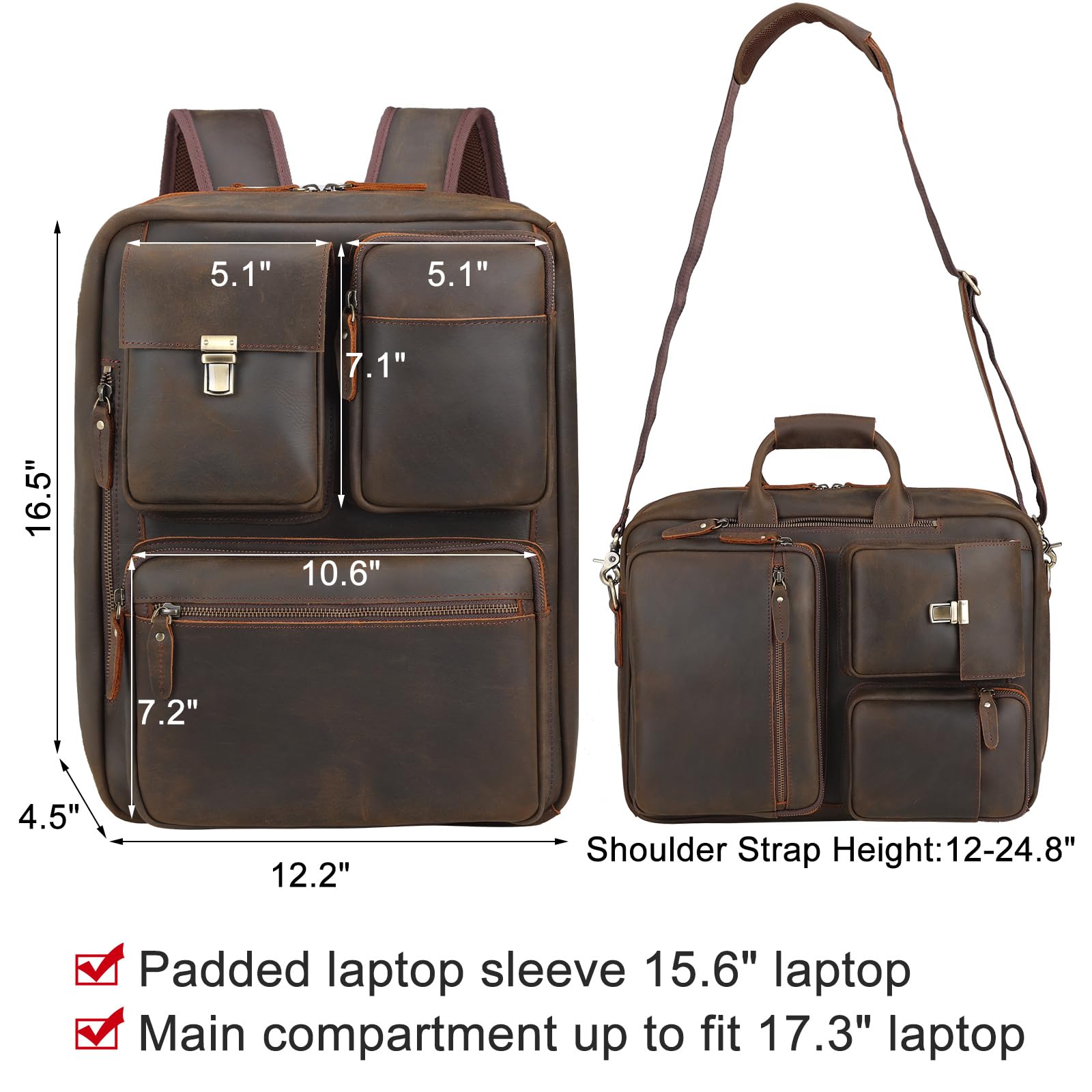TIDING Men's 15.6 Inch Leather Convertible Backpack Large Capacity Laptop Briefcase Messenger Bag(Updated Version)
