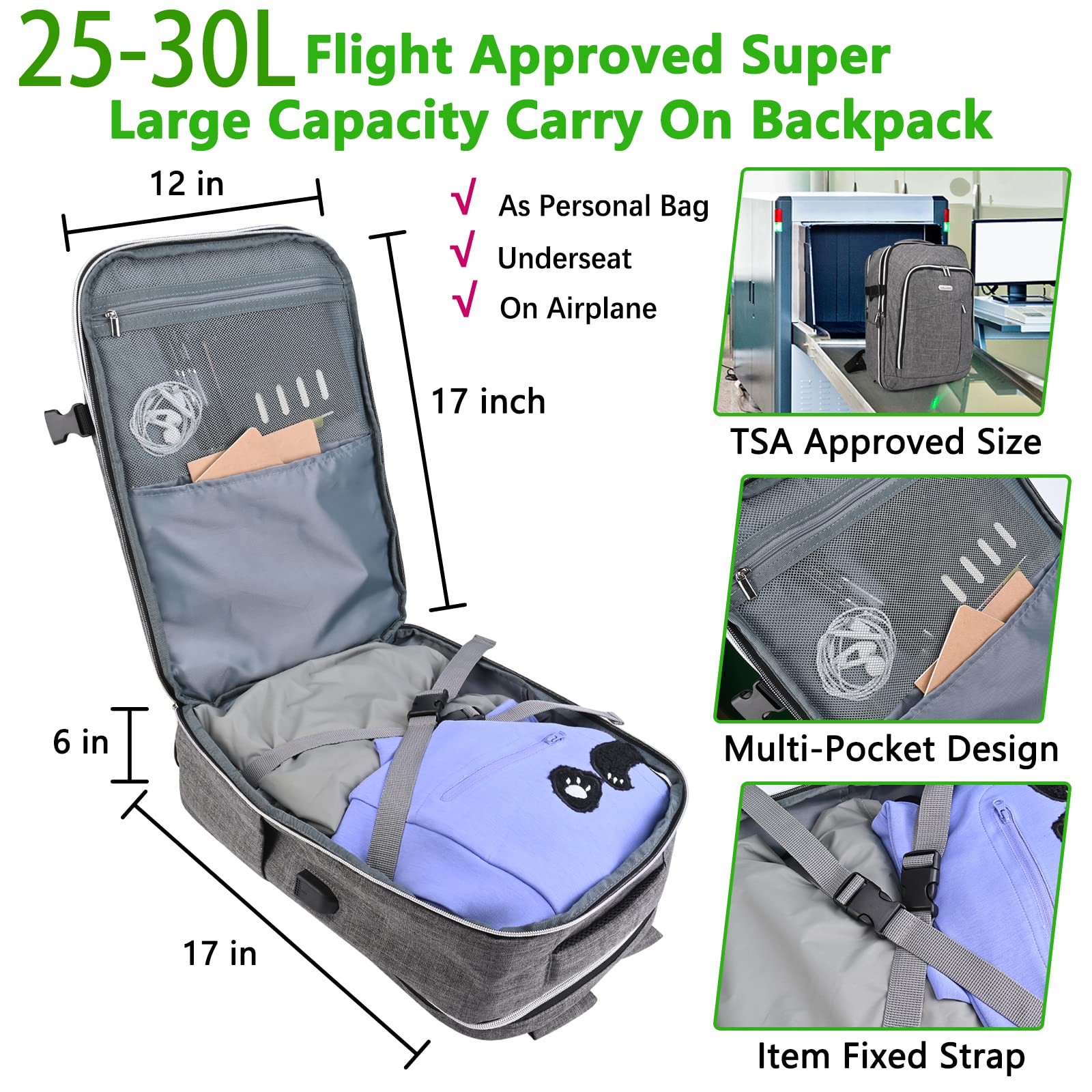 HXLGMD Large Travel Backpack for Women Men, Carry On Backpack Flight Approved, Water Resistant Luggage Daypack with Shoe Compartment Business Weekender Overnight Computer Bag Fits for 17 Inch Laptop
