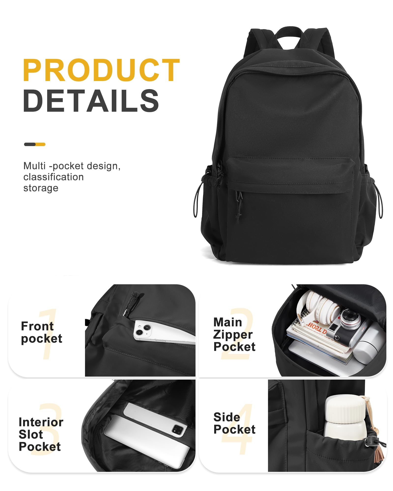 VECAVE School Backpack Black Waterproof Bookbag Casual Lightweight Travel Rucksack Daypack Backpacks for Men Women College High School Bags backpack For Boys Girls Teens