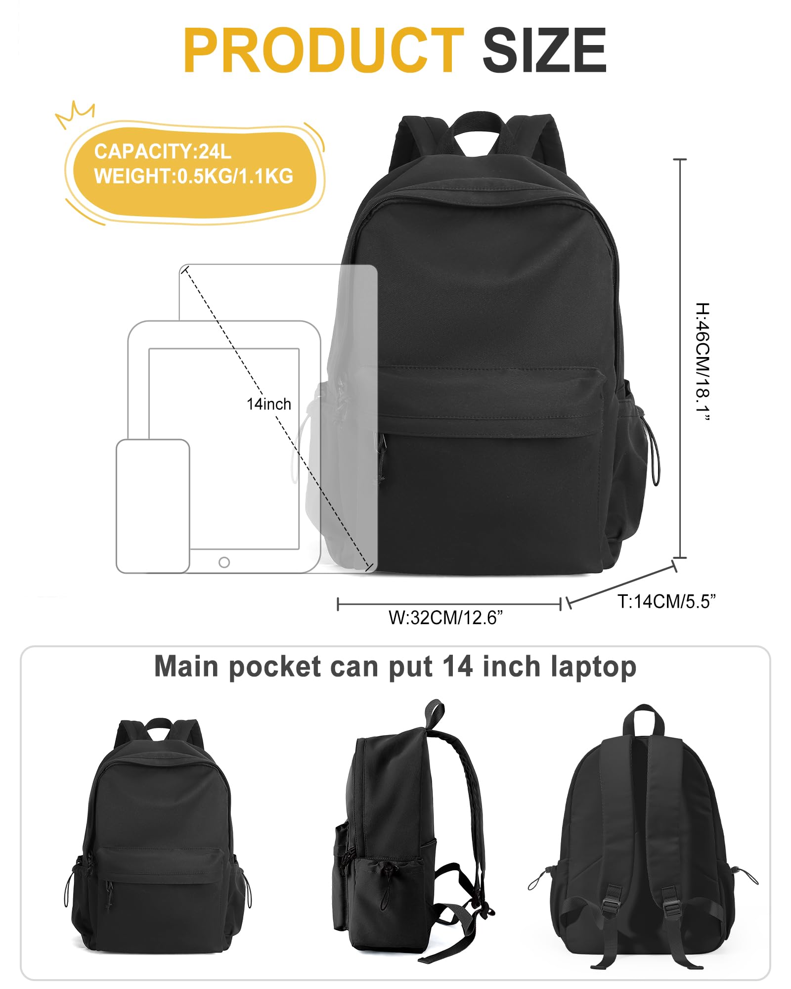VECAVE School Backpack Black Waterproof Bookbag Casual Lightweight Travel Rucksack Daypack Backpacks for Men Women College High School Bags backpack For Boys Girls Teens