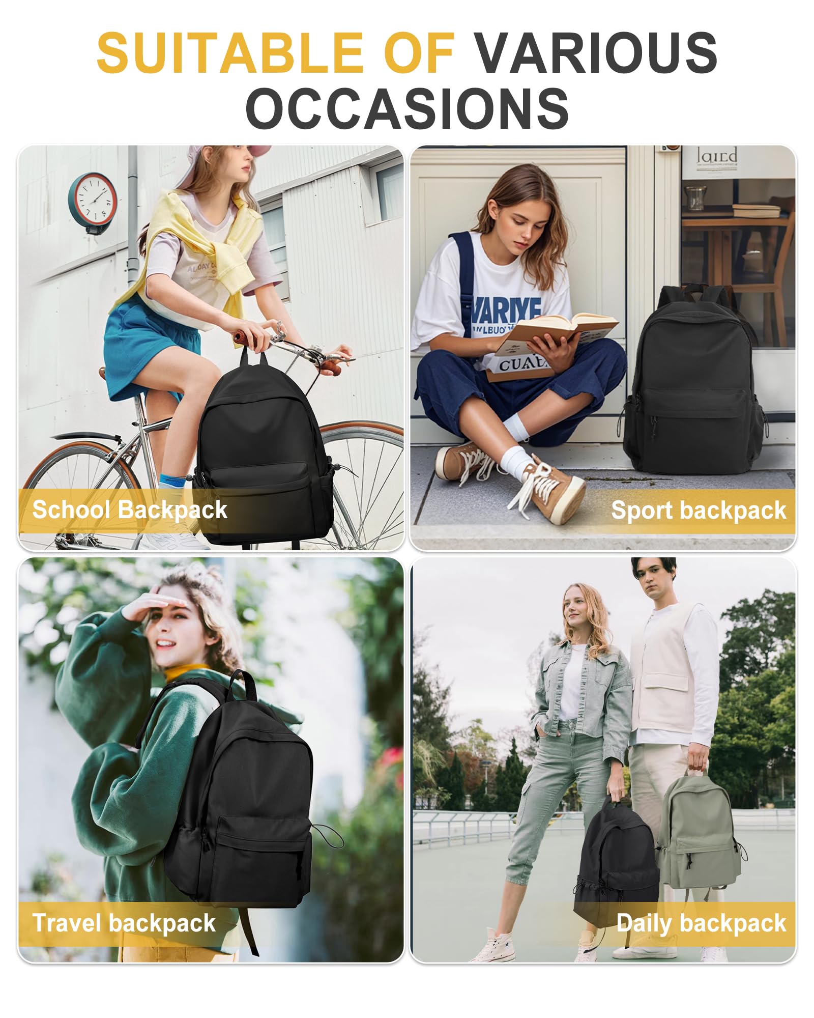 VECAVE School Backpack Black Waterproof Bookbag Casual Lightweight Travel Rucksack Daypack Backpacks for Men Women College High School Bags backpack For Boys Girls Teens