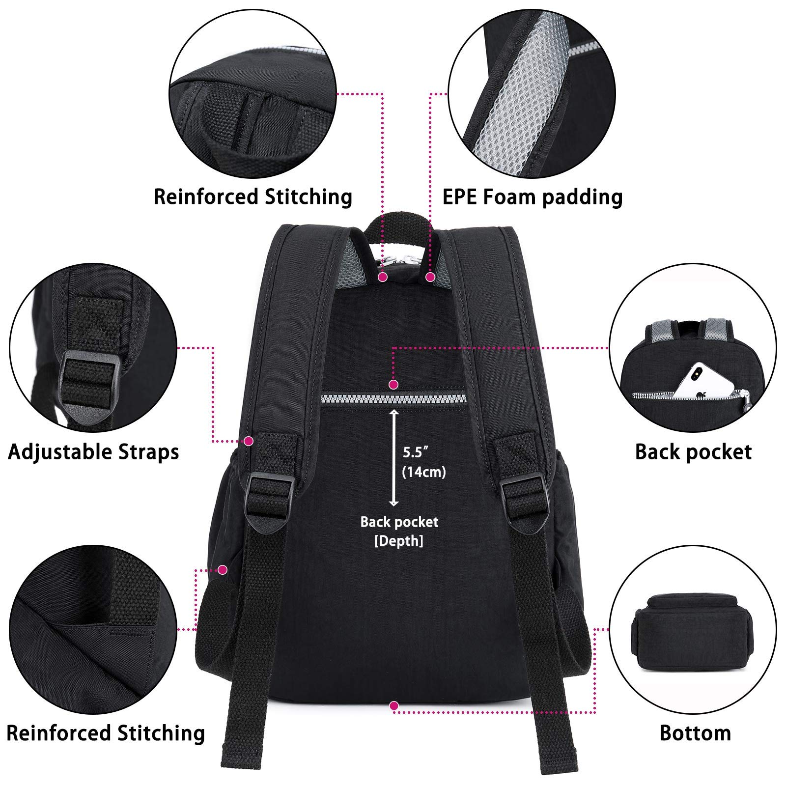 Small Nylon Backpack Casual Lightweight Daypack Backpacks for Women and Girls (Black)
