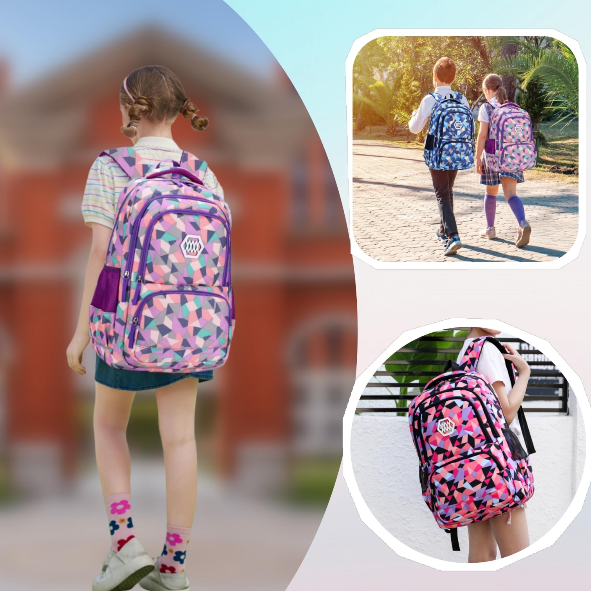 Geometric-Print Backpack School-Bag for Girls-Boys Middle-School Elementary Bookbags, Backpack for Girls 10-12