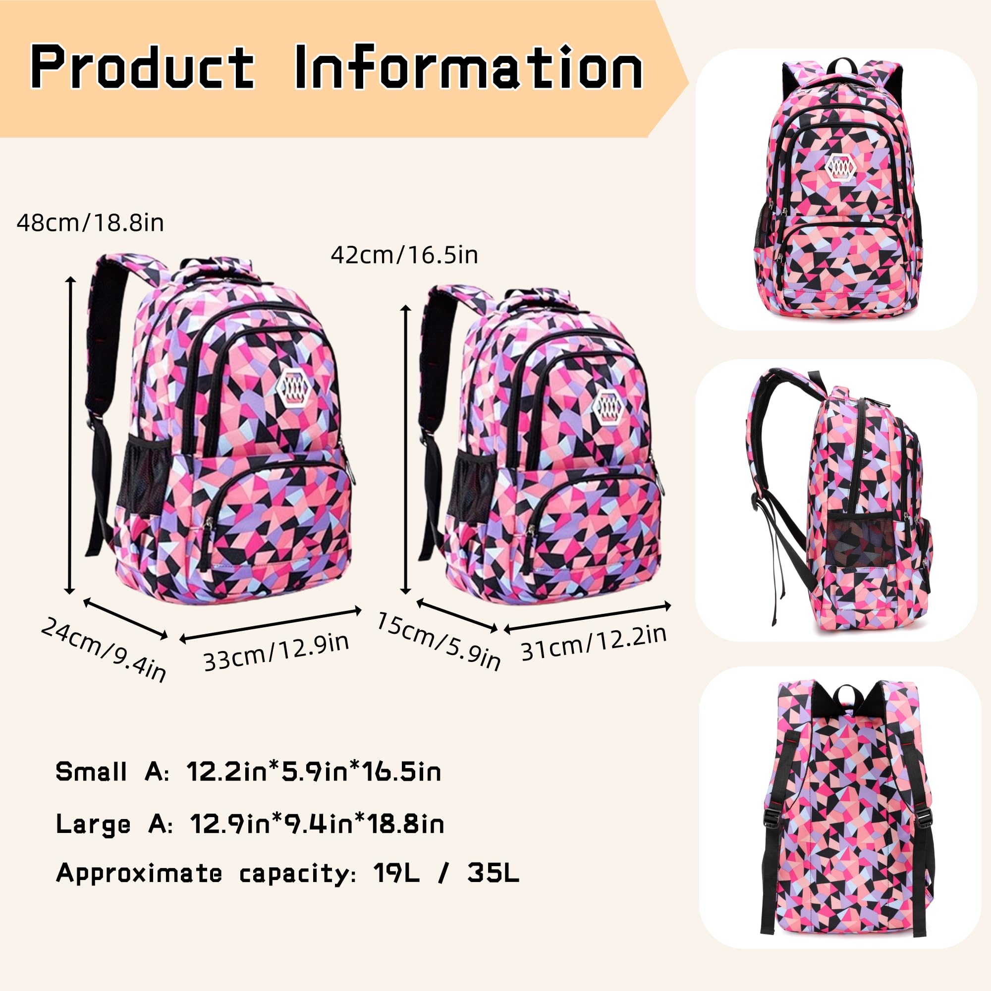 Geometric-Print Backpack School-Bag for Girls-Boys Middle-School Elementary Bookbags, Backpack for Girls 10-12
