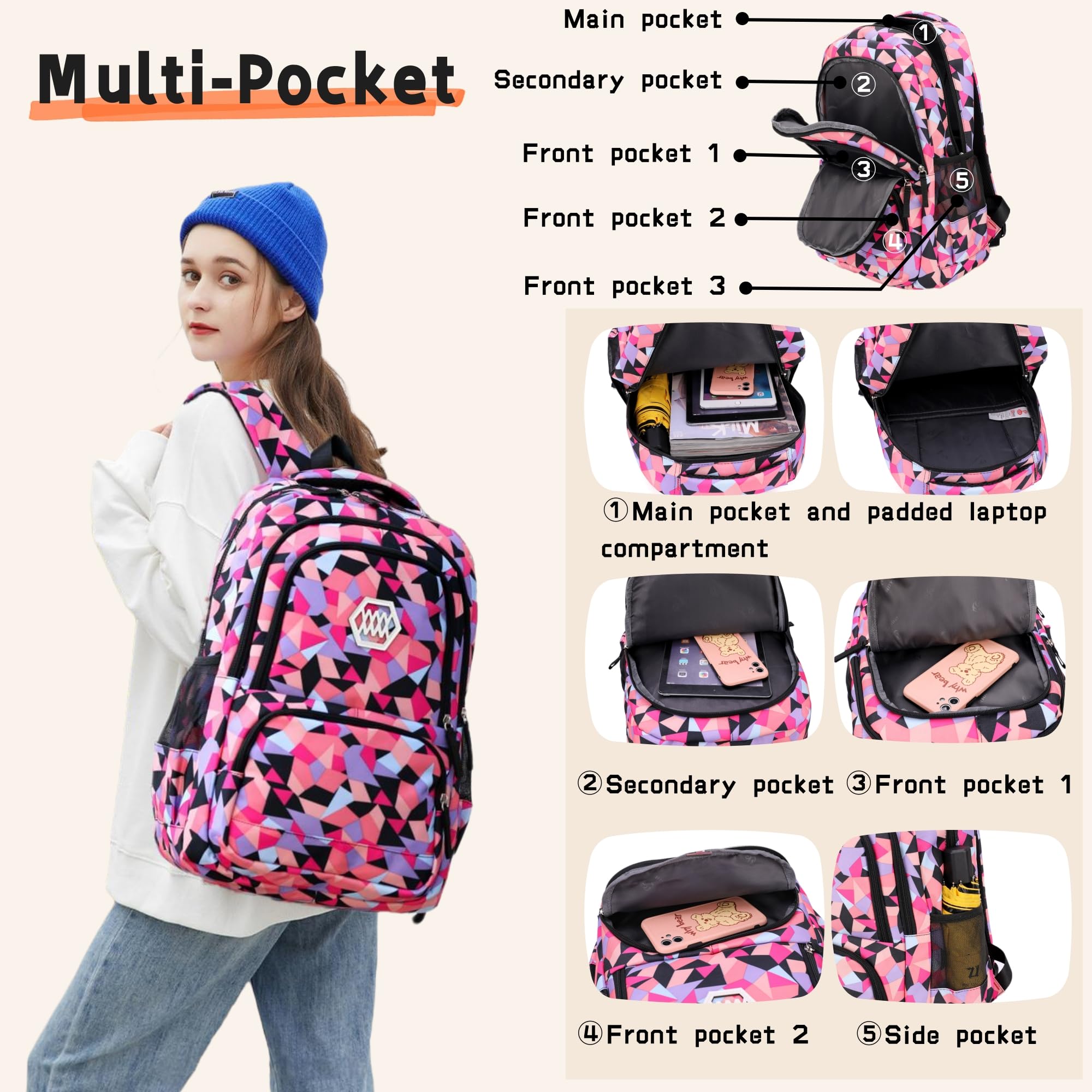Geometric-Print Backpack School-Bag for Girls-Boys Middle-School Elementary Bookbags, Backpack for Girls 10-12