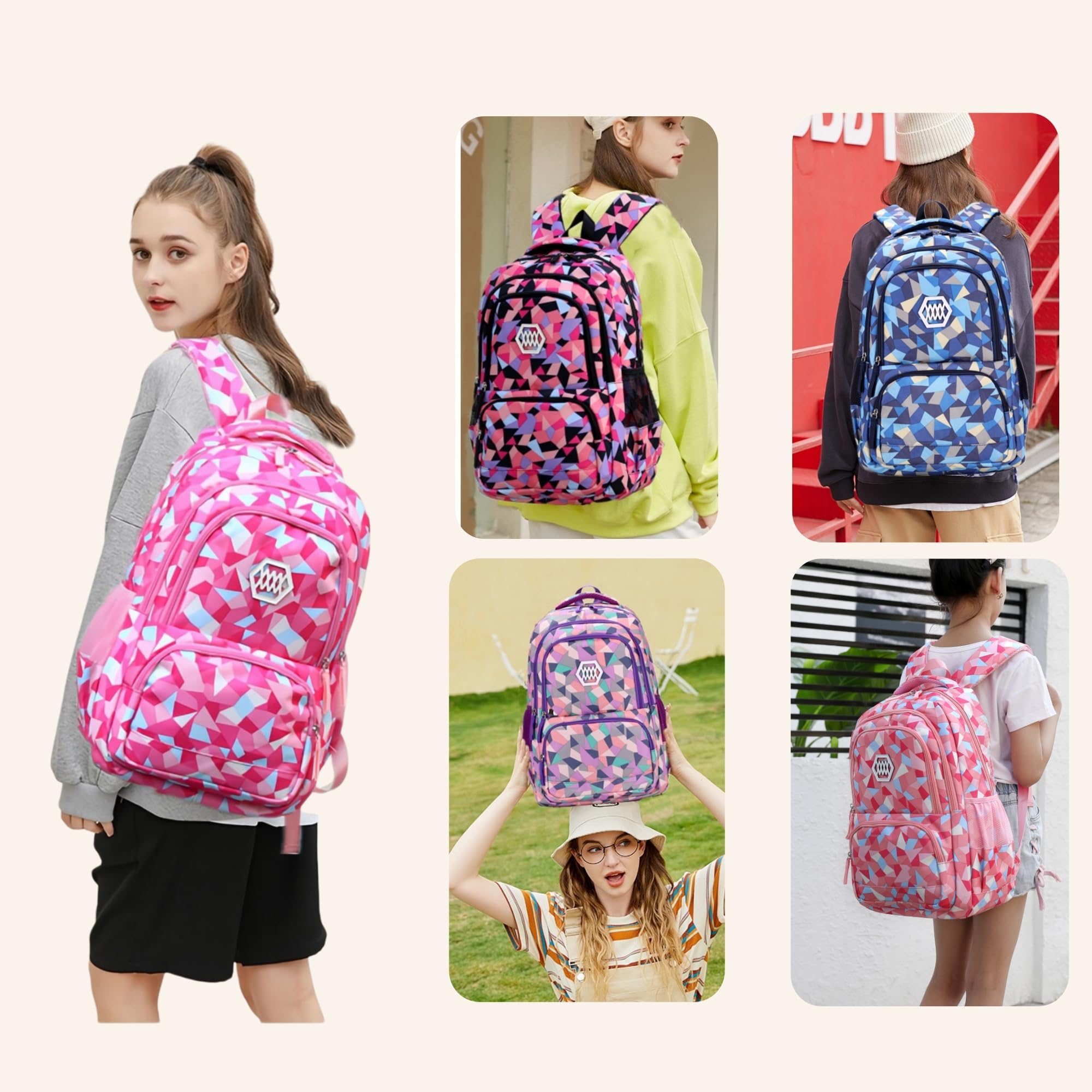 Geometric-Print Backpack School-Bag for Girls-Boys Middle-School Elementary Bookbags, Backpack for Girls 10-12
