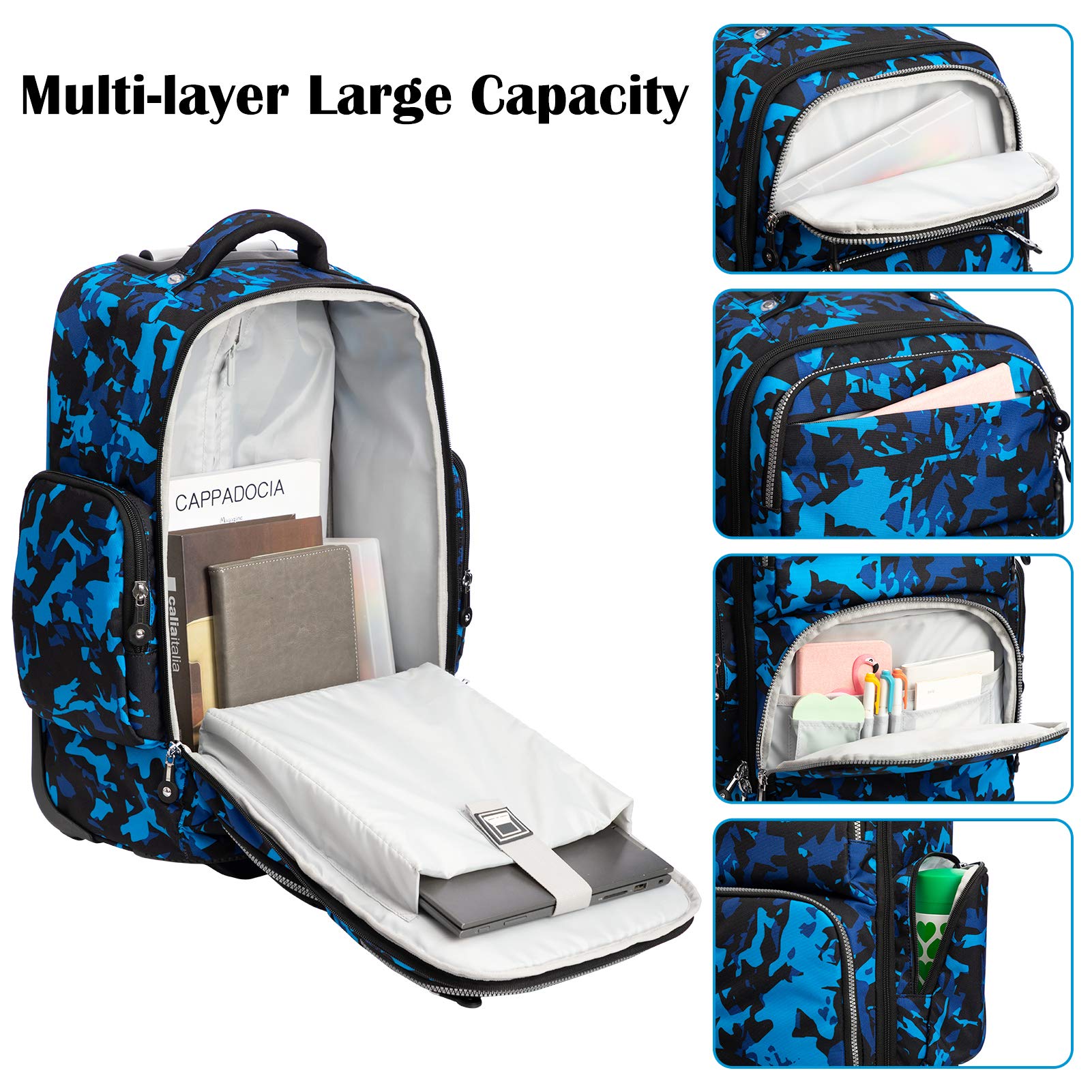 SKYMOVE 20 inches Big Storage Multifunction Travel Wheeled Rolling Backpack Luggage Books Laptop Bag, Blue